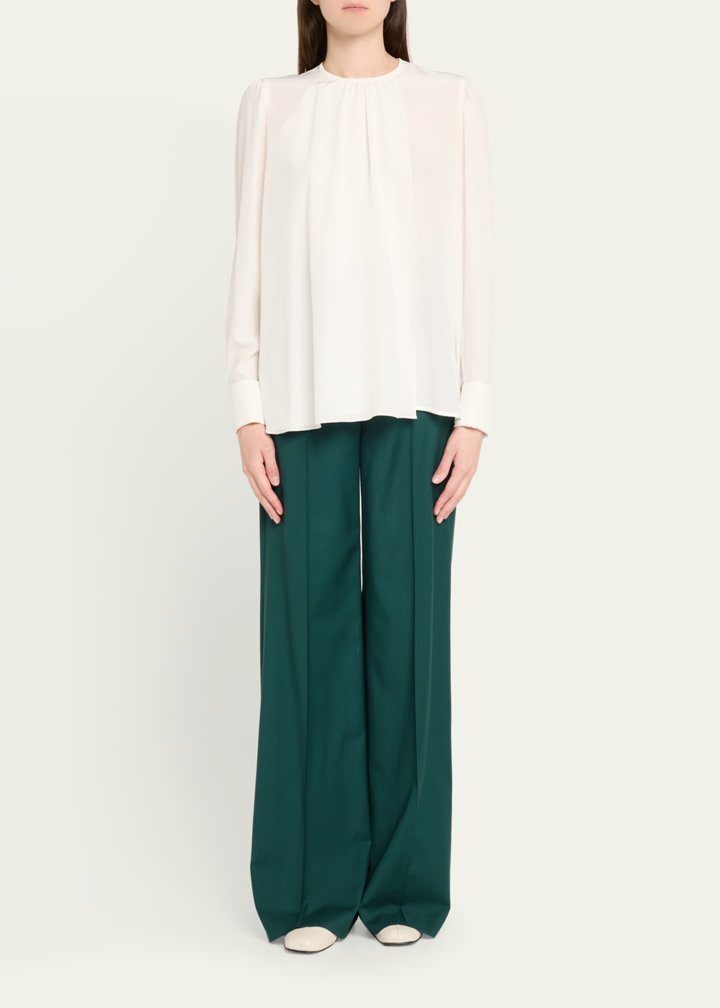 Max Mara Carol Gathered Embellished-Cuff Silk Blouse - Bergdorf Goodman