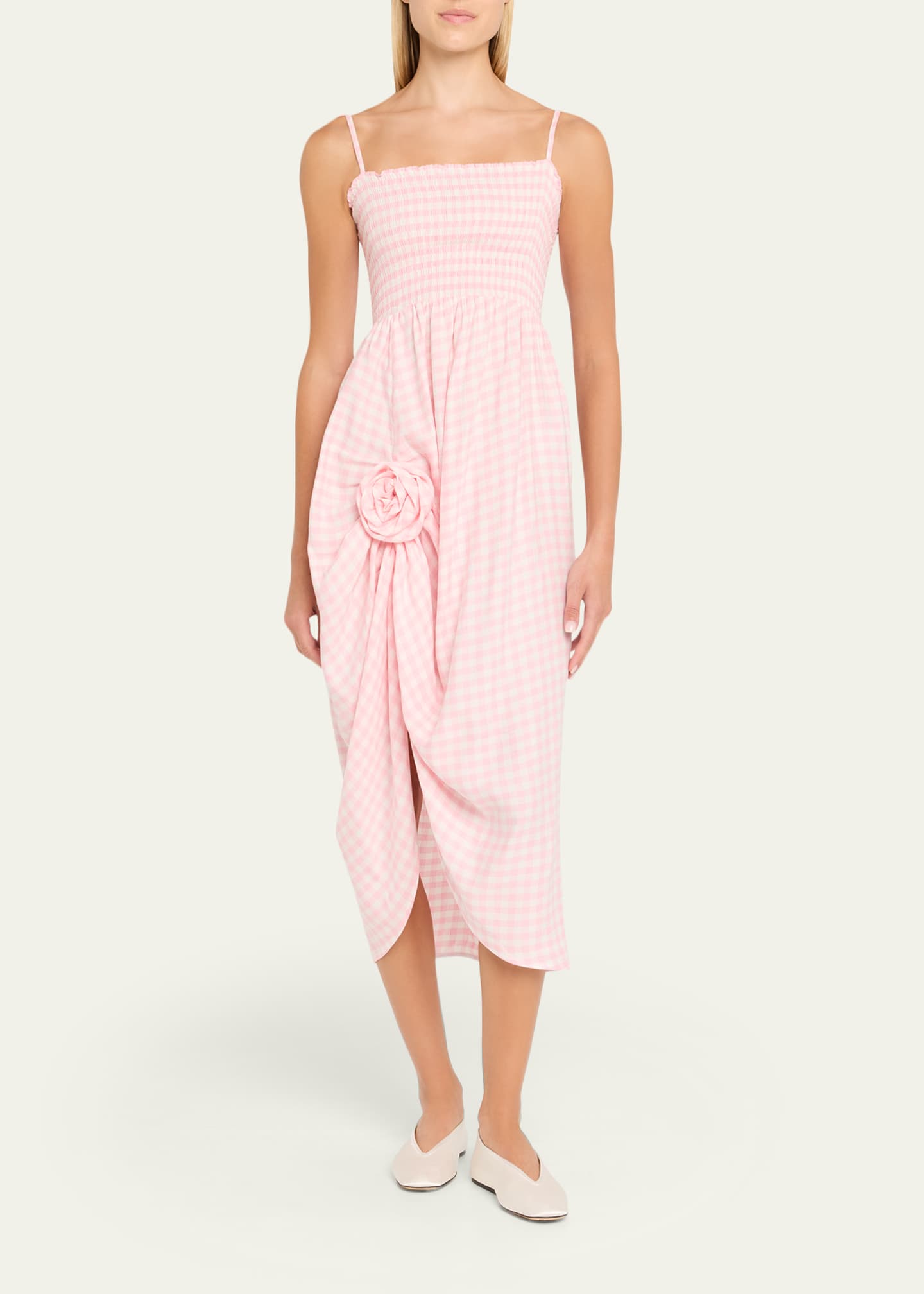 Sleeper Atlanta Linen-Blend Rosette Gingham Dress - Bergdorf Goodman
