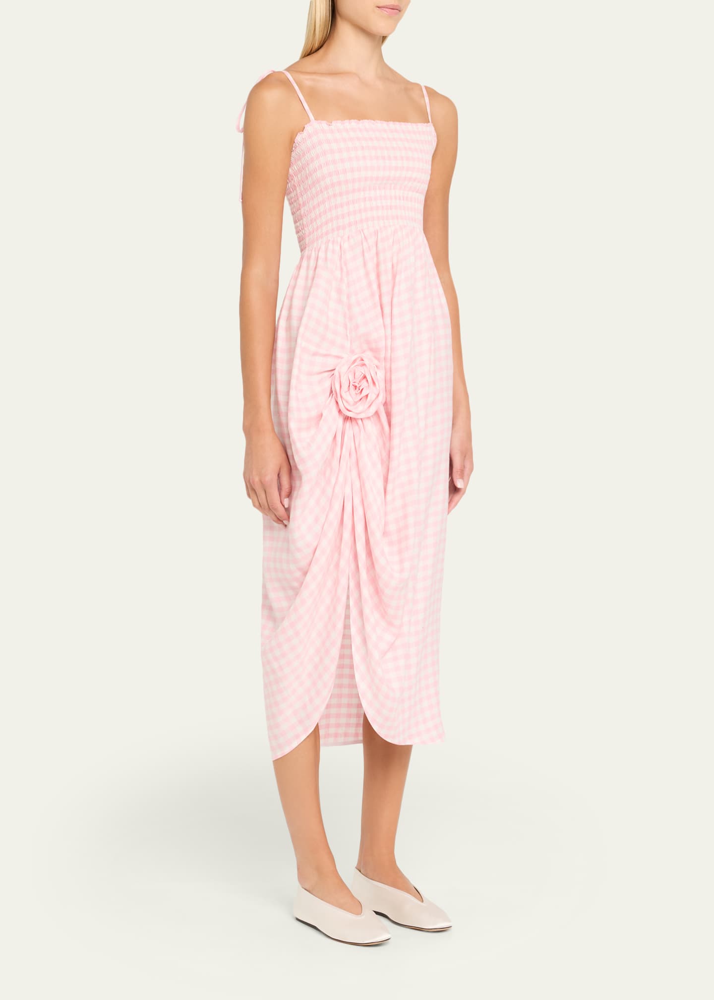 Sleeper Atlanta Linen-Blend Rosette Gingham Dress - Bergdorf Goodman