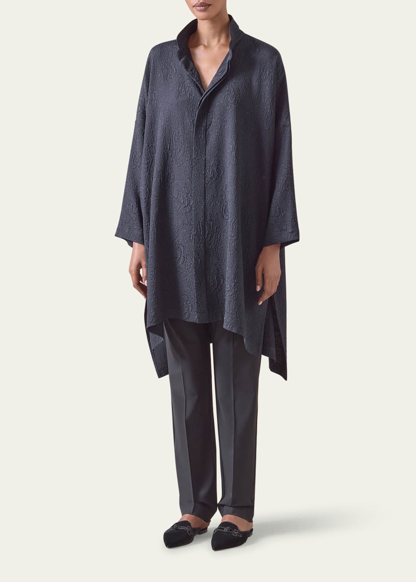 Eskandar Damask Cloque Wide Longer-Back Double Stand-Collar Shirt With ...