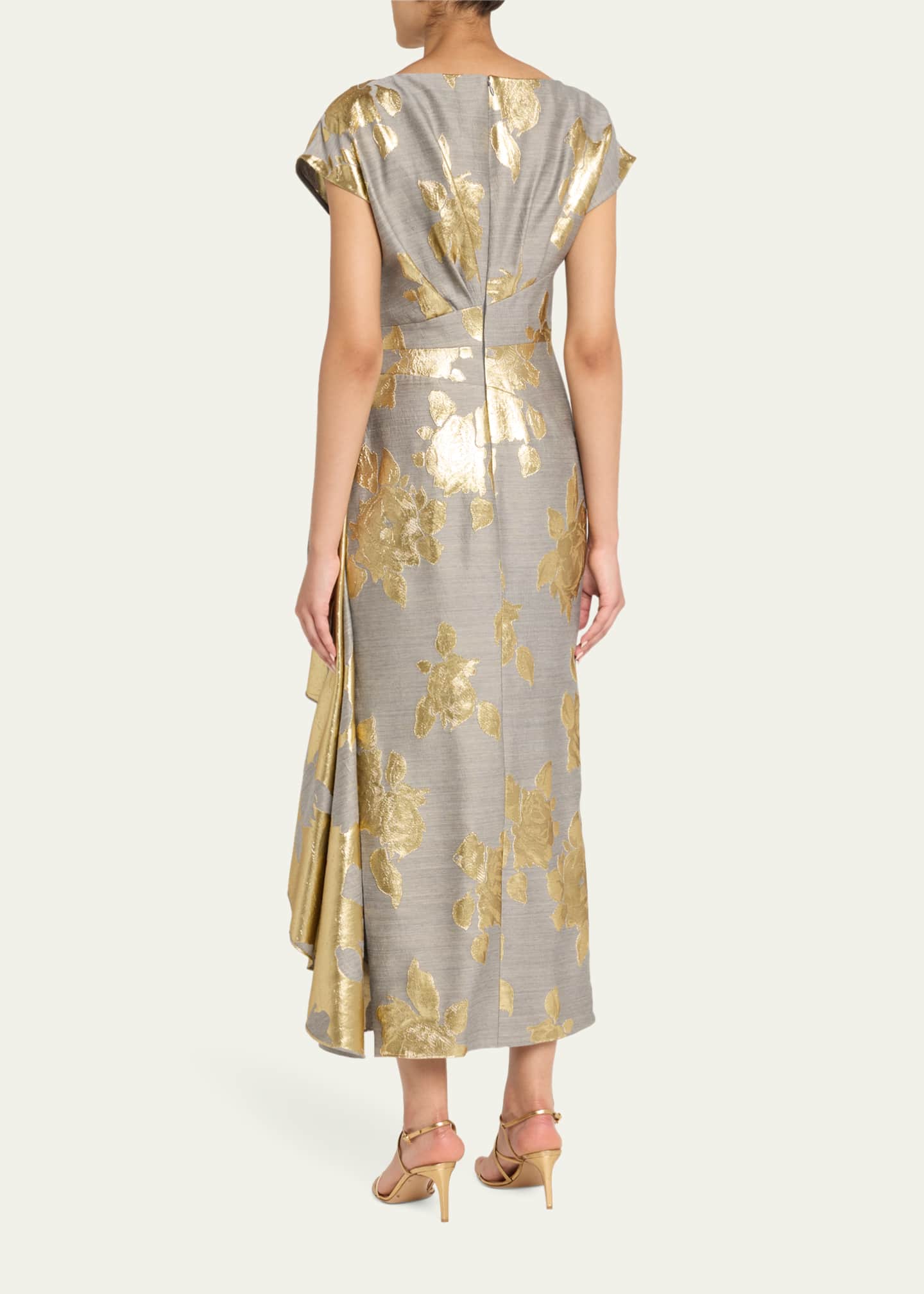 Lela Rose Florence Metallic Floral Jacquard Draped Midi Dress ...