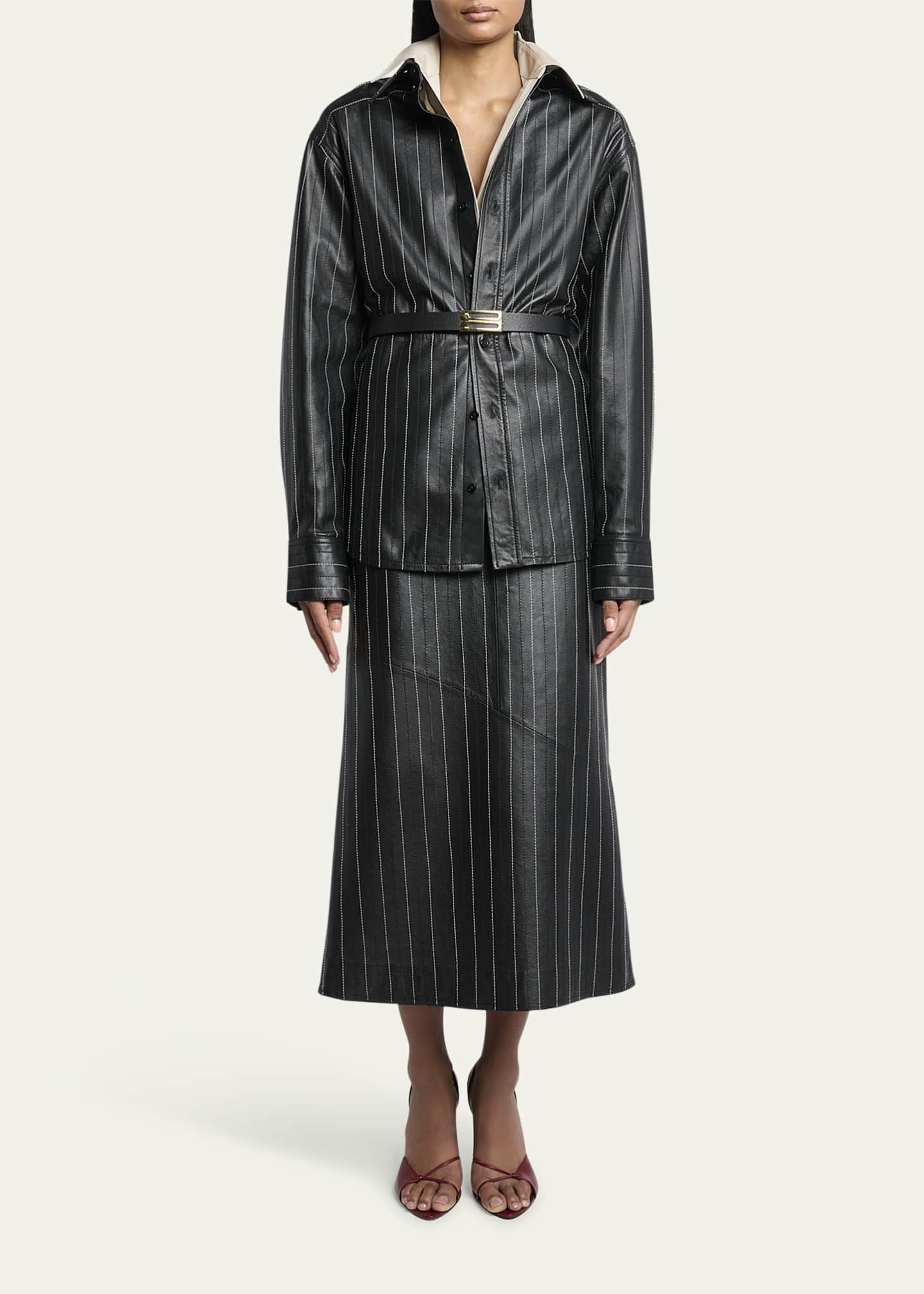 Victoria Beckham Pinstripe Leather Tab Detail Shirt - Bergdorf Goodman