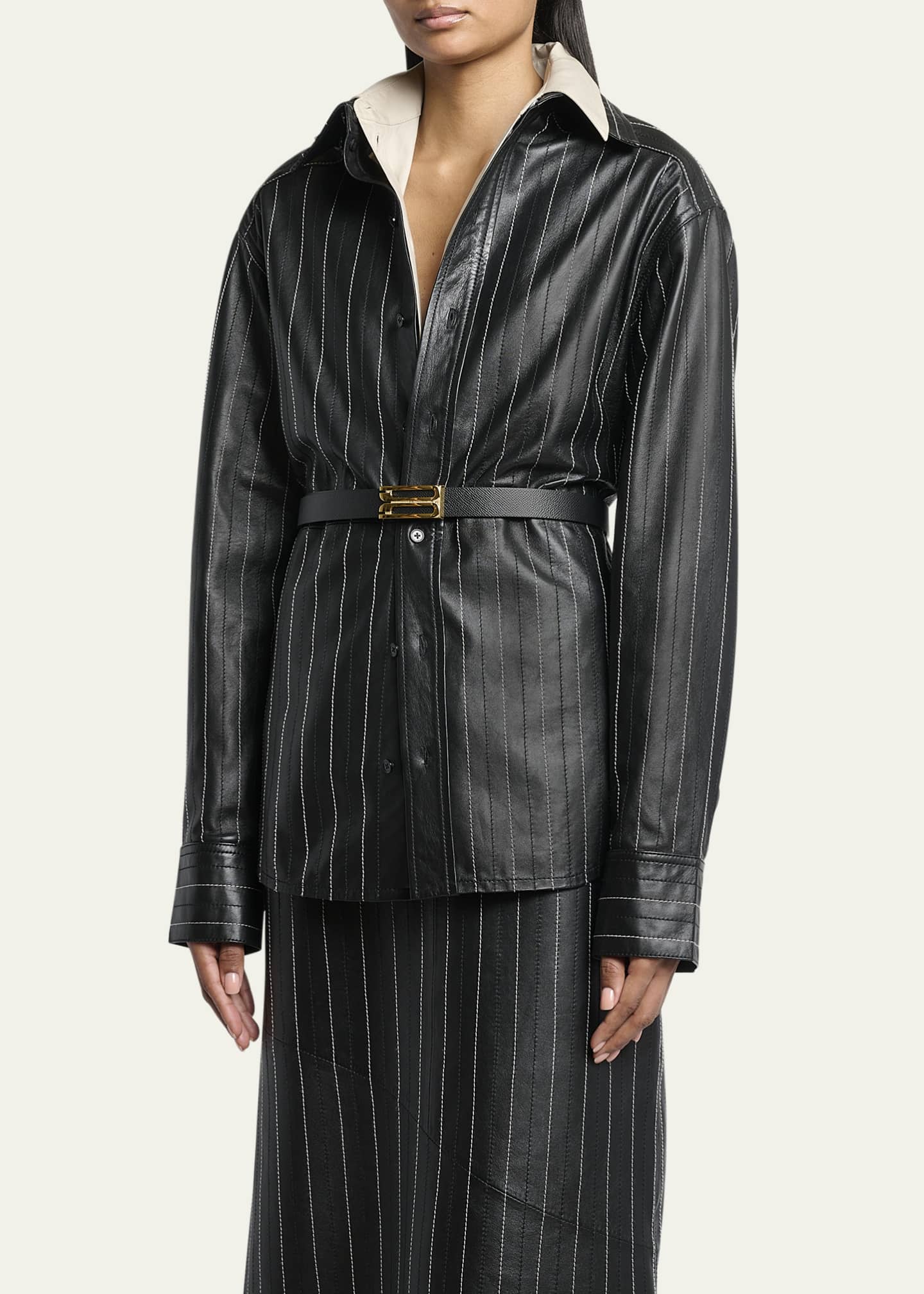 Victoria Beckham Pinstripe Leather Tab Detail Shirt - Bergdorf Goodman