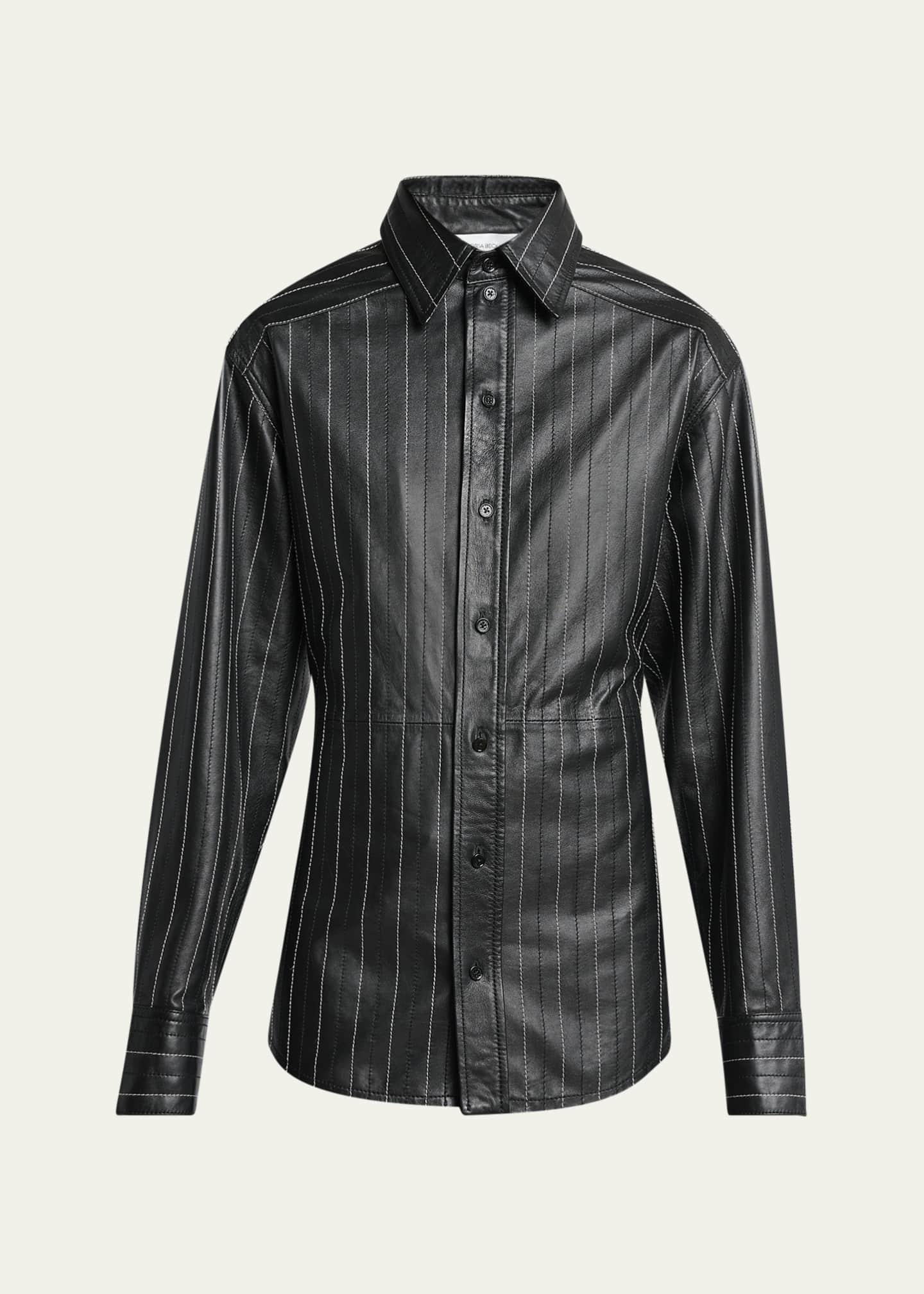 Victoria Beckham Pinstripe Leather Tab Detail Shirt - Bergdorf Goodman