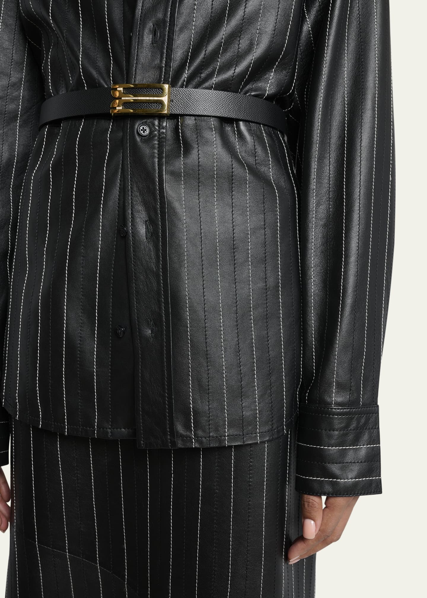 Victoria Beckham Pinstripe Leather Tab Detail Shirt - Bergdorf Goodman