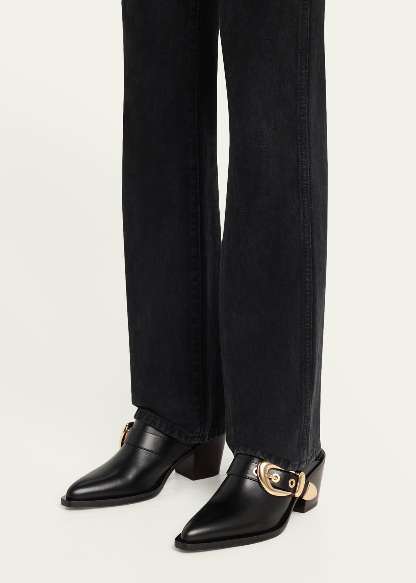 Stuart Weitzman Maven Leather Buckle Western Mules - Bergdorf Goodman