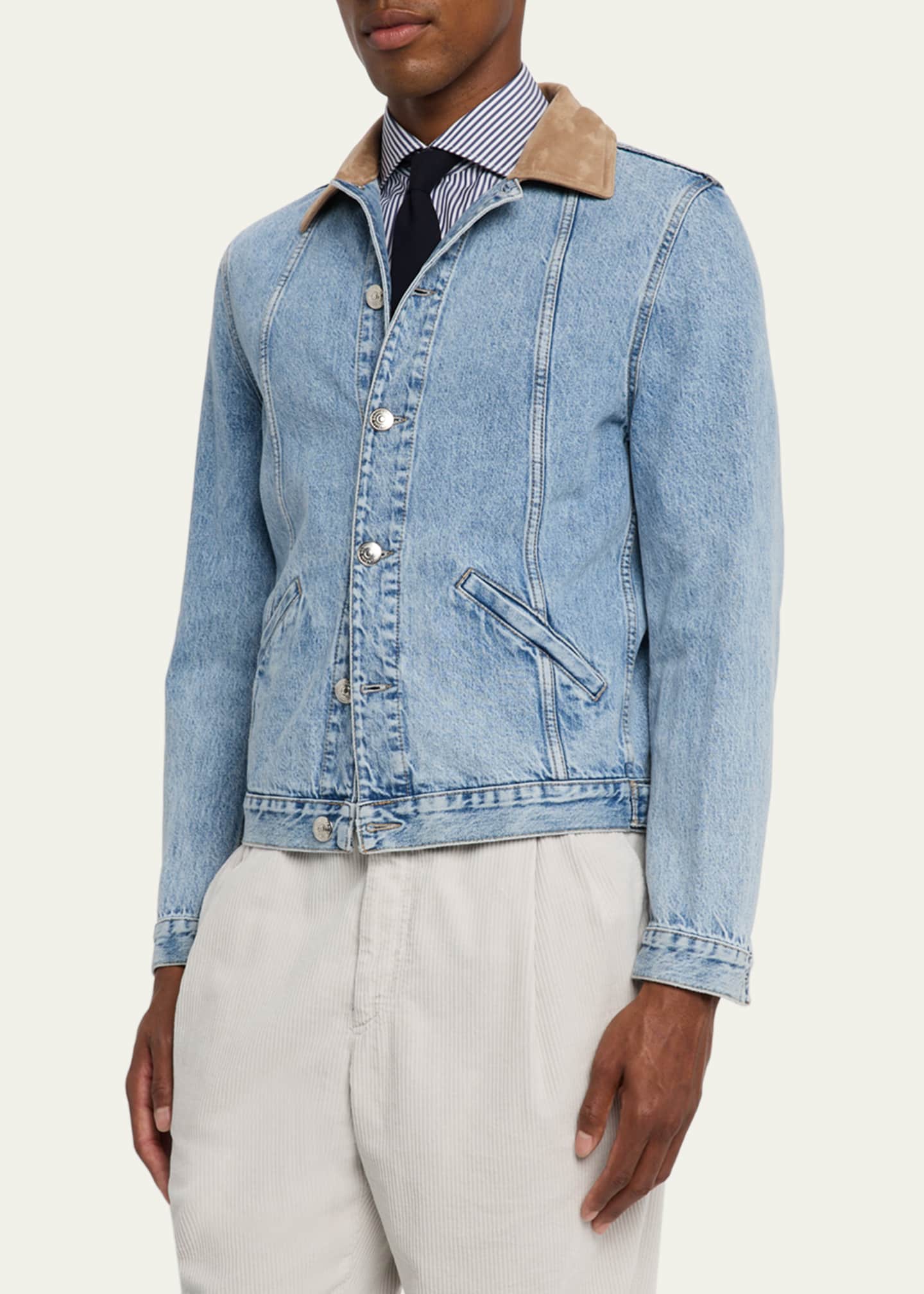 Brunello Cucinelli Men's Suede-Collar Light Wash Denim Jacket ...