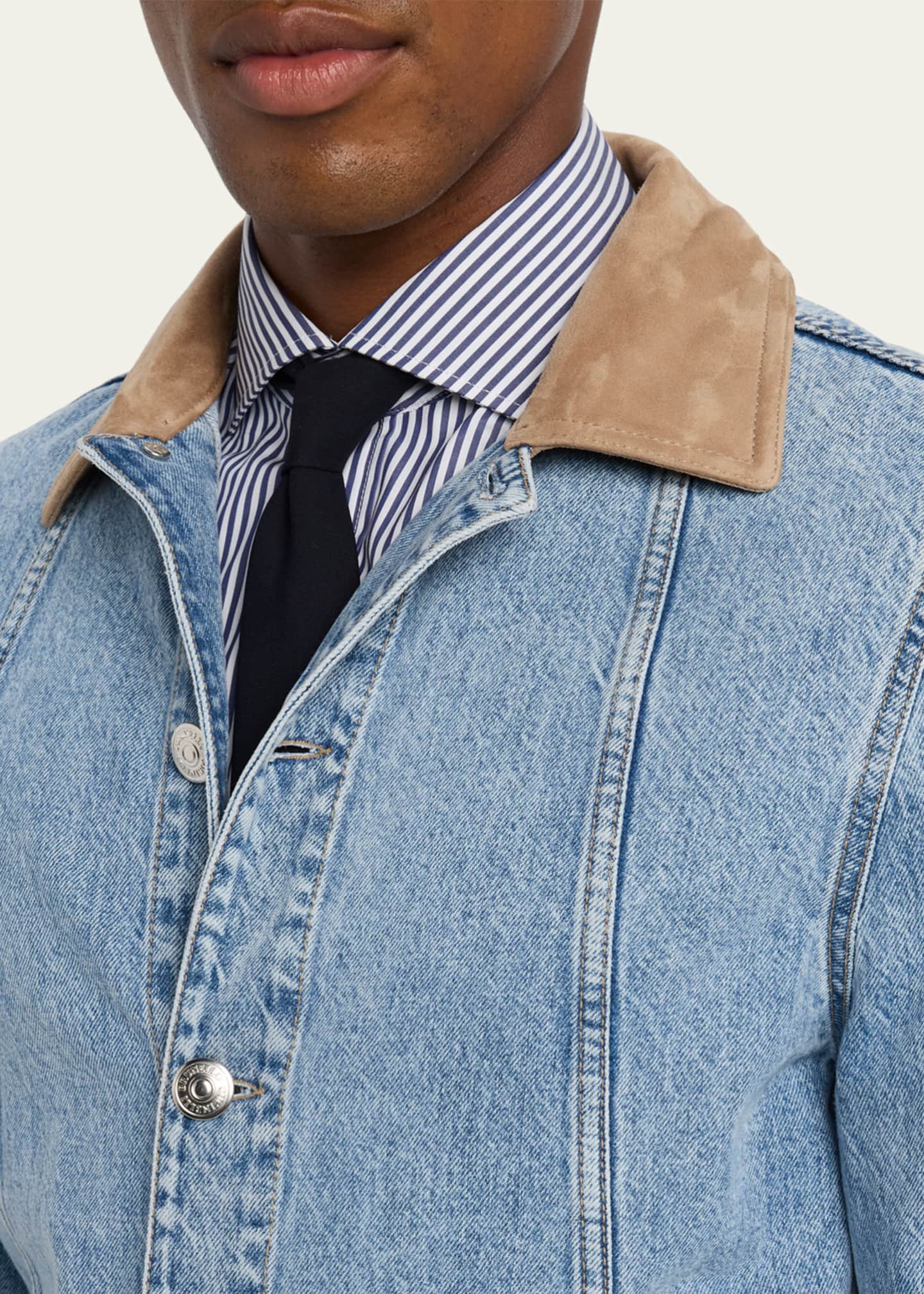 Brunello Cucinelli Men's Suede-Collar Light Wash Denim Jacket ...