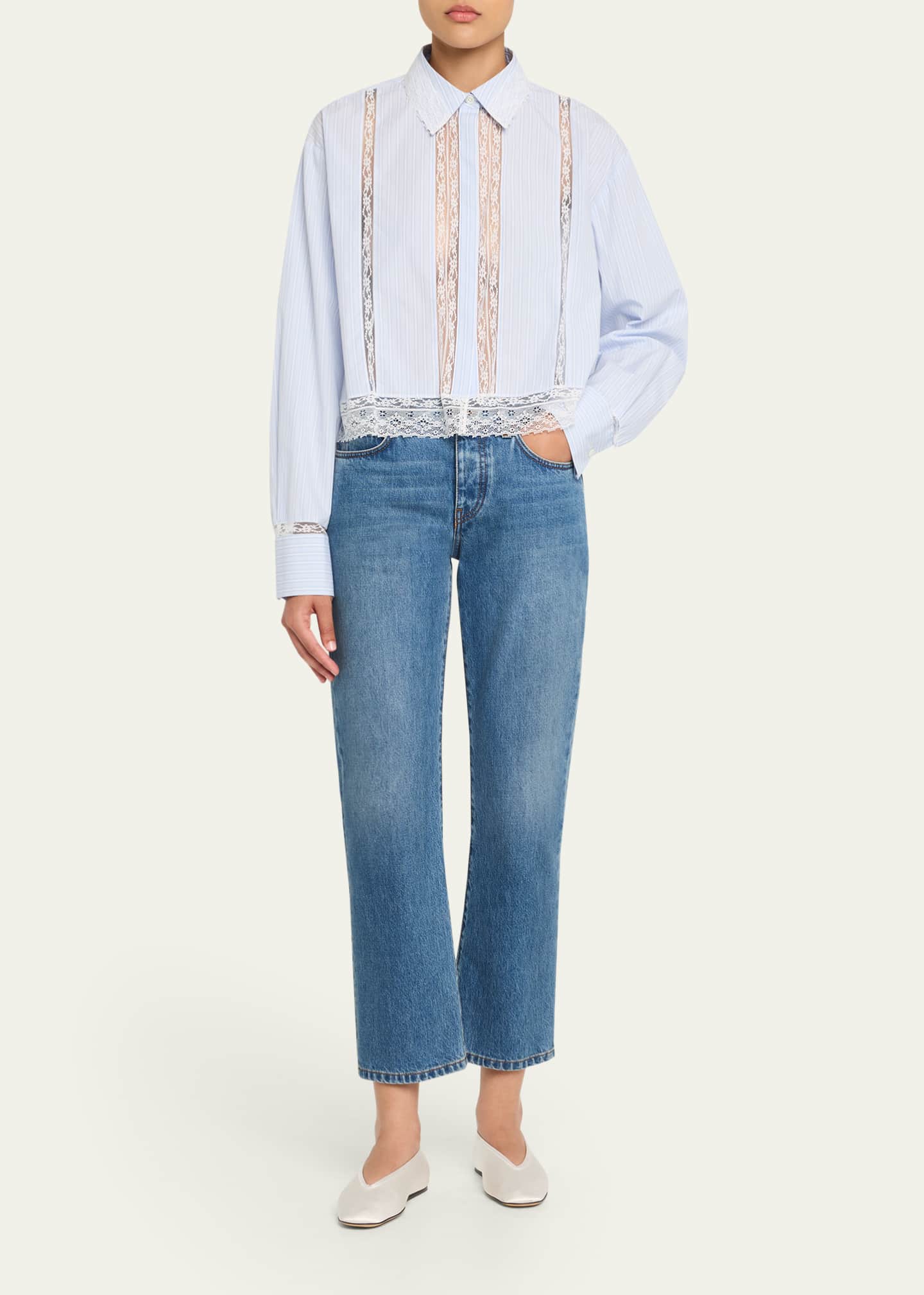 LoveShackFancy Delano Lace-Trim Striped Shirt - Bergdorf Goodman