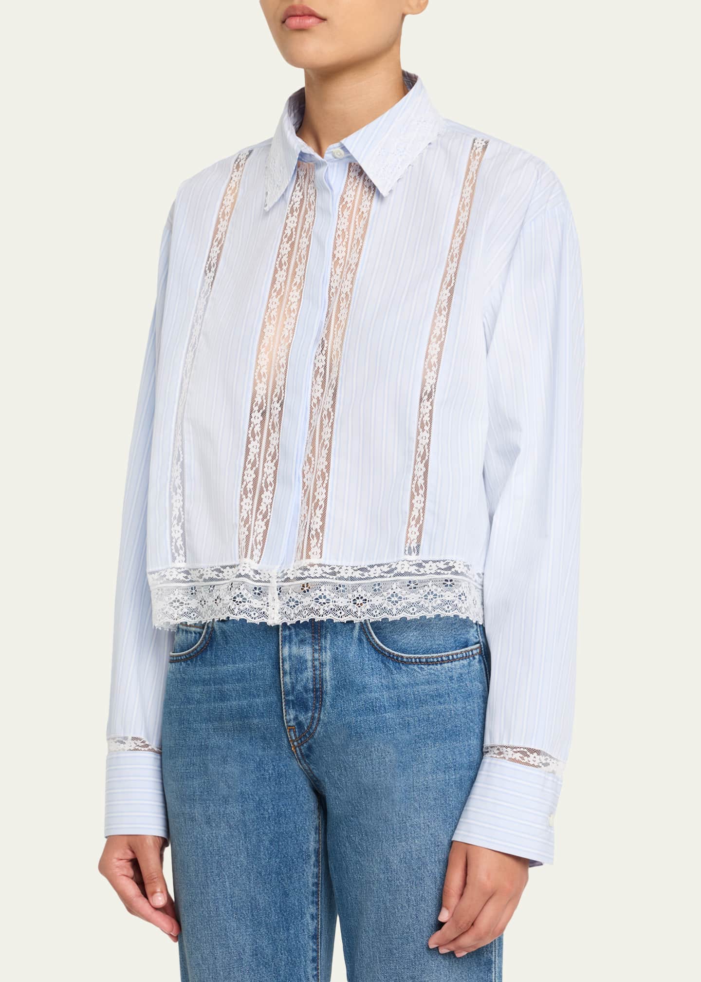 LoveShackFancy Delano Lace-Trim Striped Shirt - Bergdorf Goodman