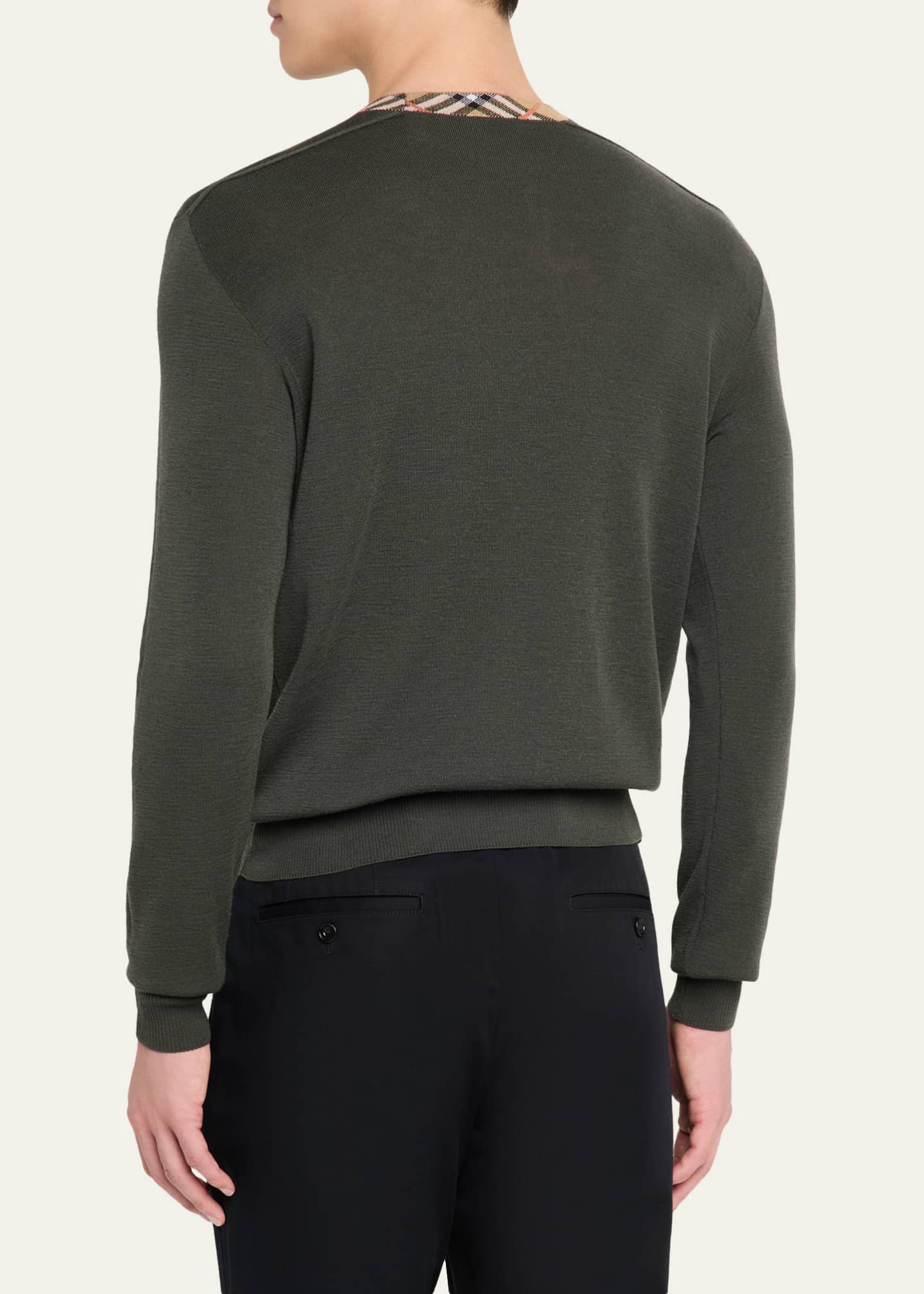 Burberry Men's Wool Knit Check-Trim Crewneck Sweater - Bergdorf Goodman