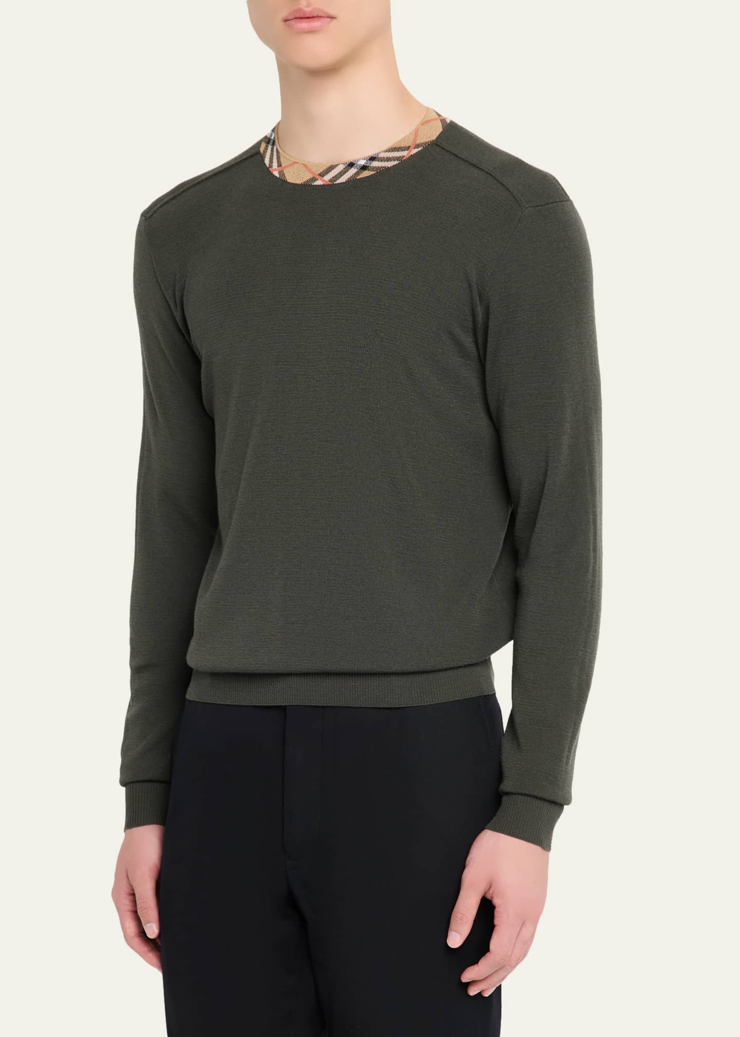 Burberry Men's Wool Knit Check-Trim Crewneck Sweater - Bergdorf Goodman