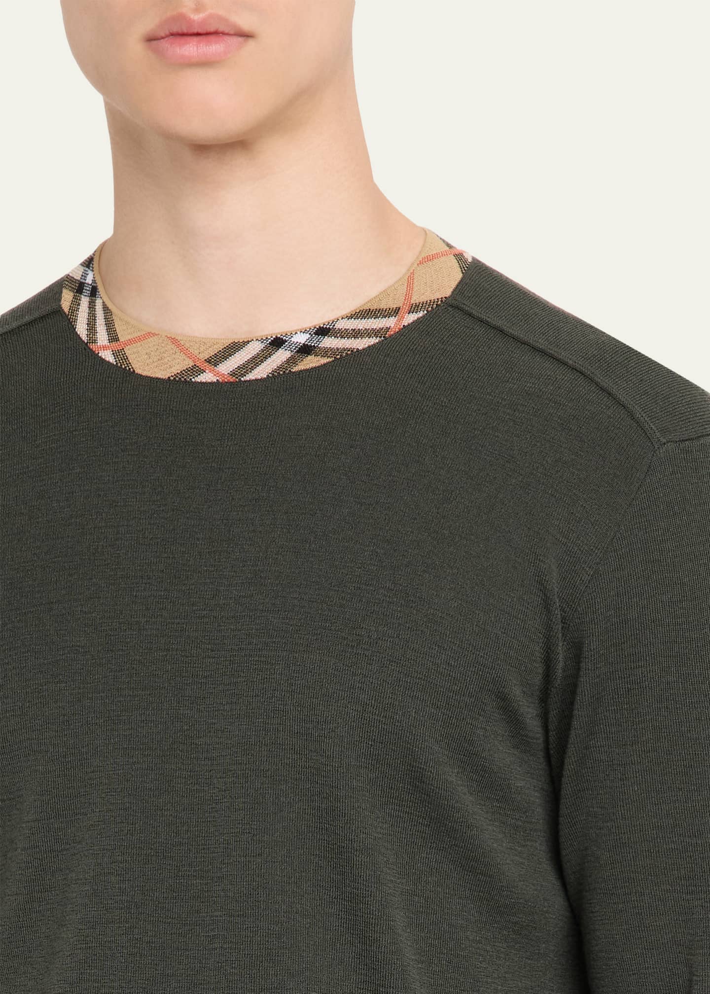 Burberry Men's Wool Knit Check-Trim Crewneck Sweater - Bergdorf Goodman