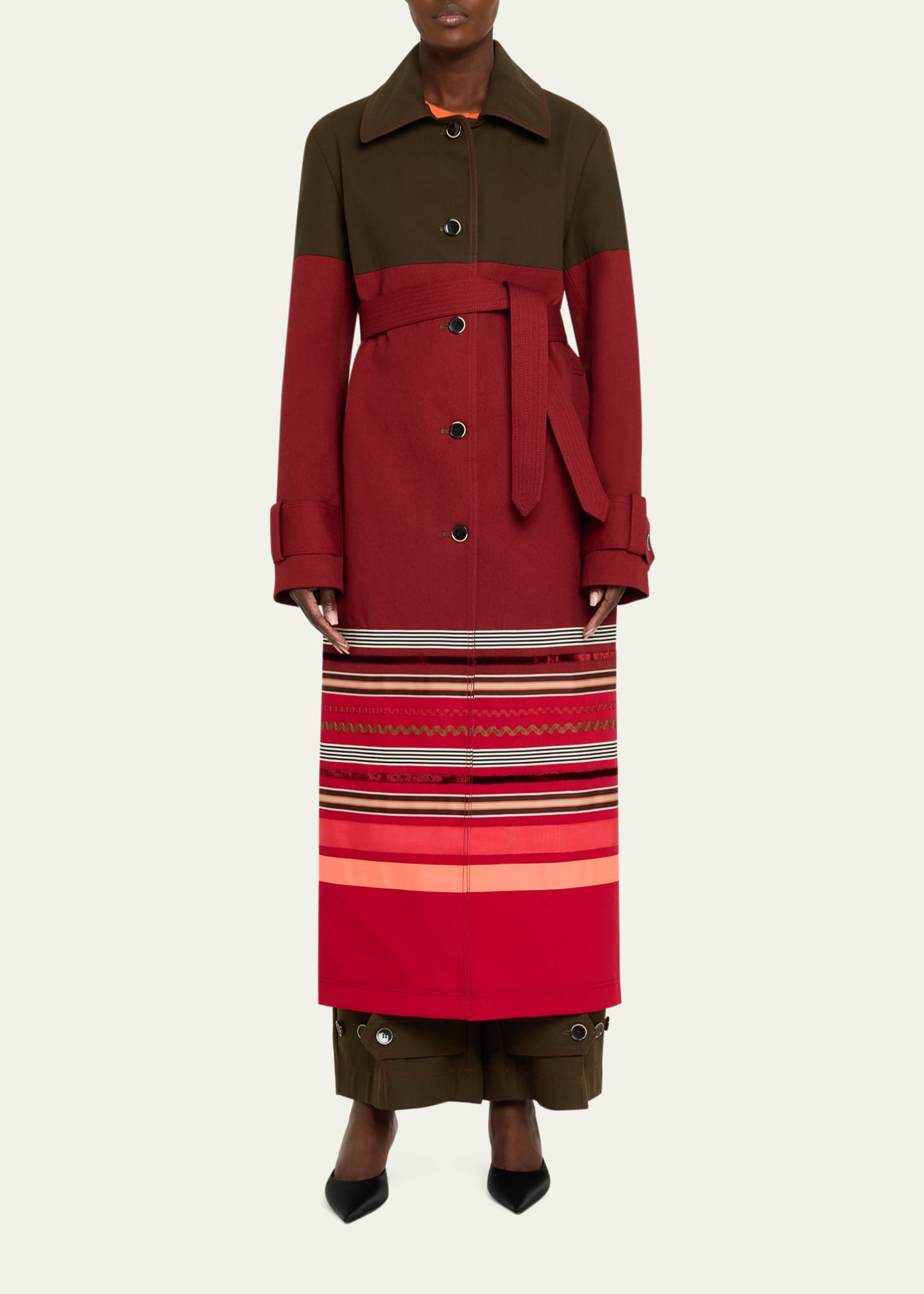 CHRISTOPHER JOHN ROGERS Embroidered Stripe Belted Long Trench Coat ...