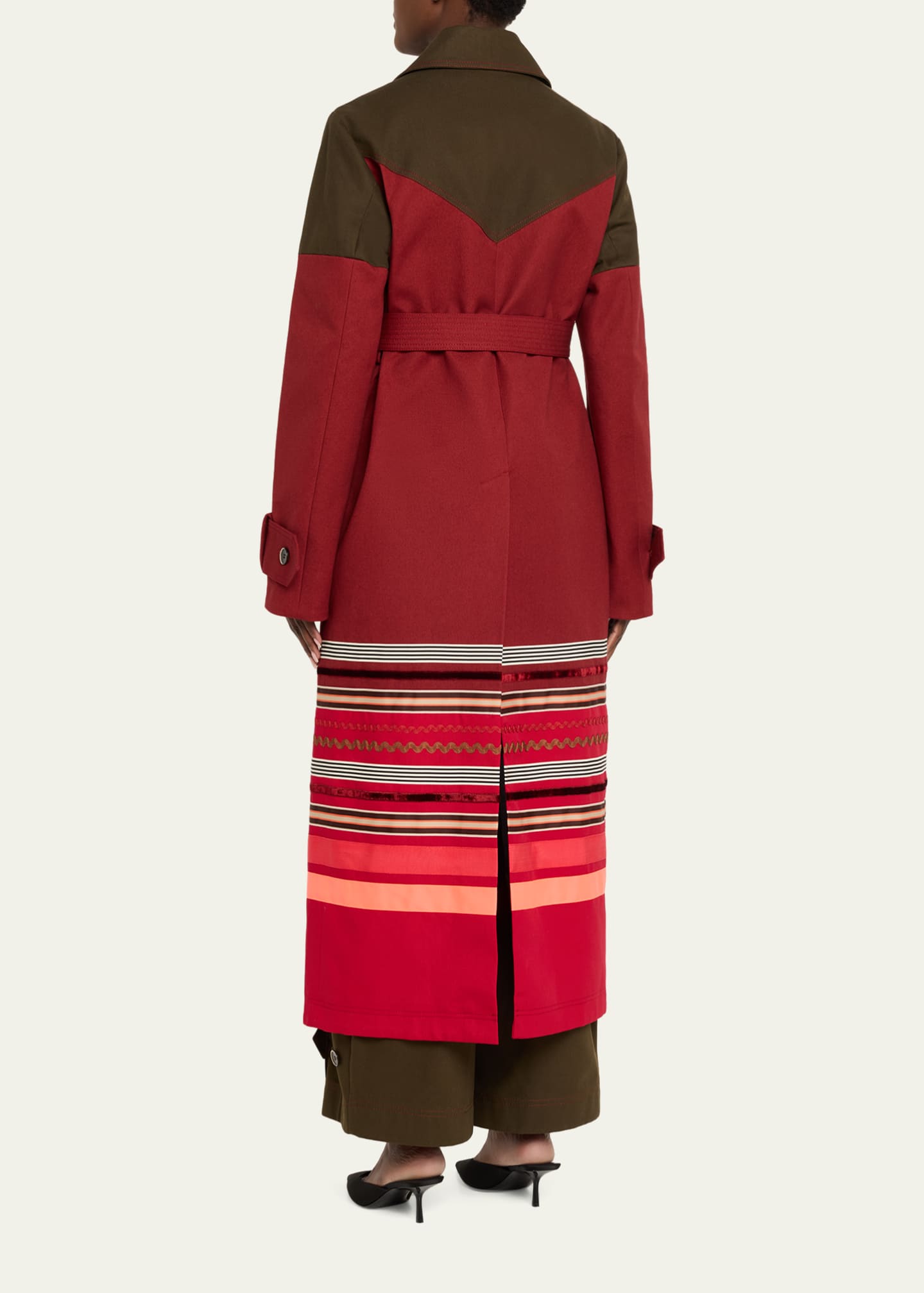 CHRISTOPHER JOHN ROGERS Embroidered Stripe Belted Long Trench Coat ...