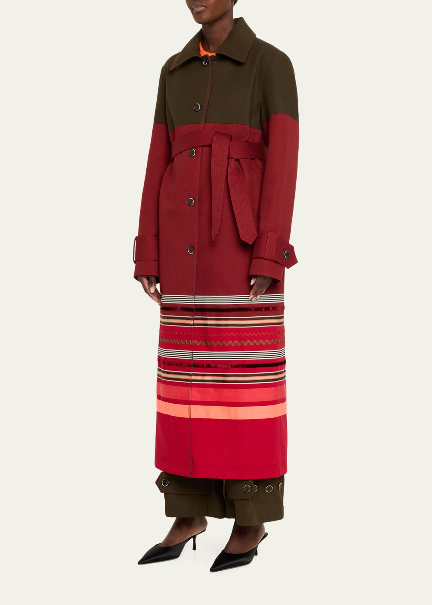 CHRISTOPHER JOHN ROGERS Embroidered Stripe Belted Long Trench Coat ...