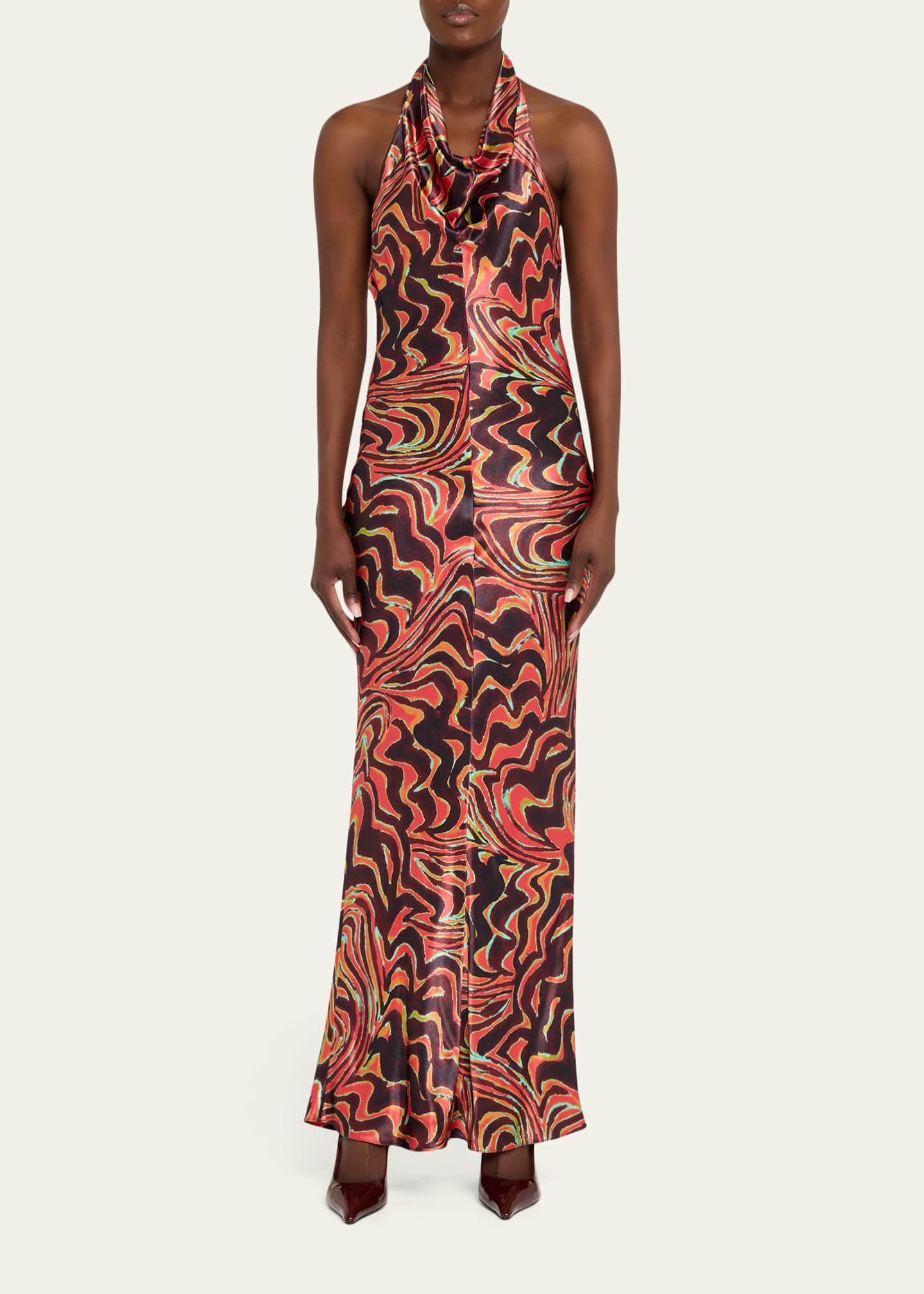 CHRISTOPHER JOHN ROGERS Wavy-Print Satin Cowl-Neck Halter Gown ...