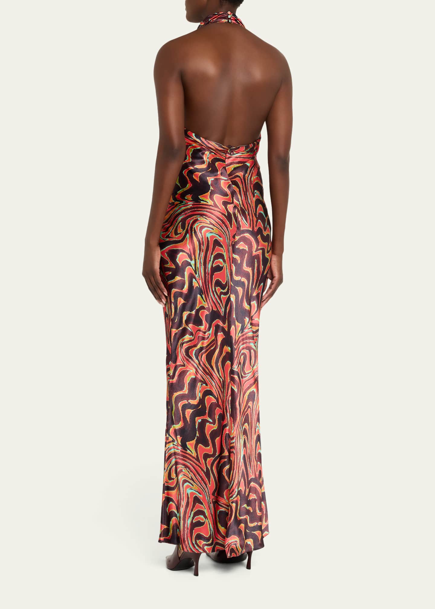 CHRISTOPHER JOHN ROGERS Wavy-Print Satin Cowl-Neck Halter Gown ...