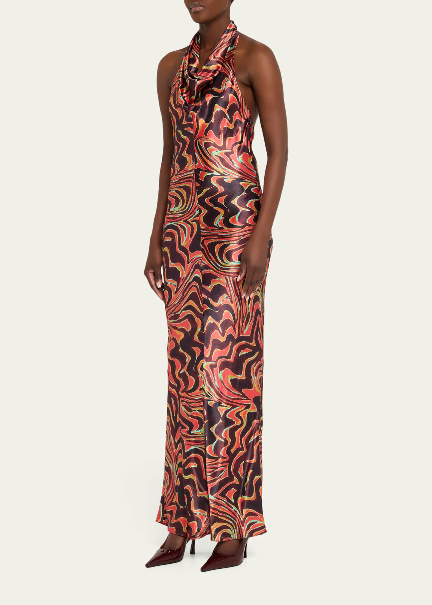 CHRISTOPHER JOHN ROGERS Wavy-Print Satin Cowl-Neck Halter Gown ...