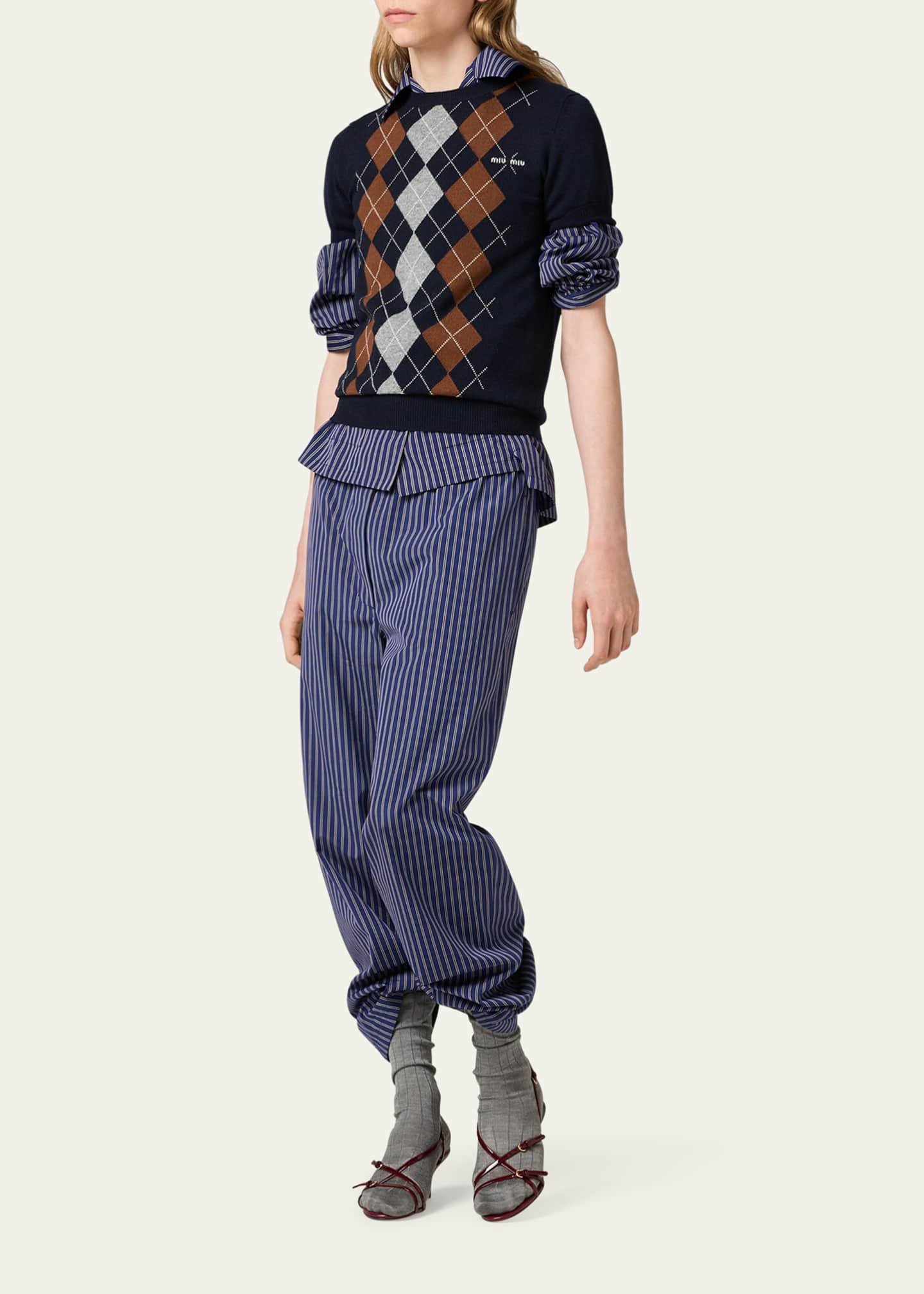Miu Miu Cashmere Argyle Short-Sleeve Sweater - Bergdorf Goodman