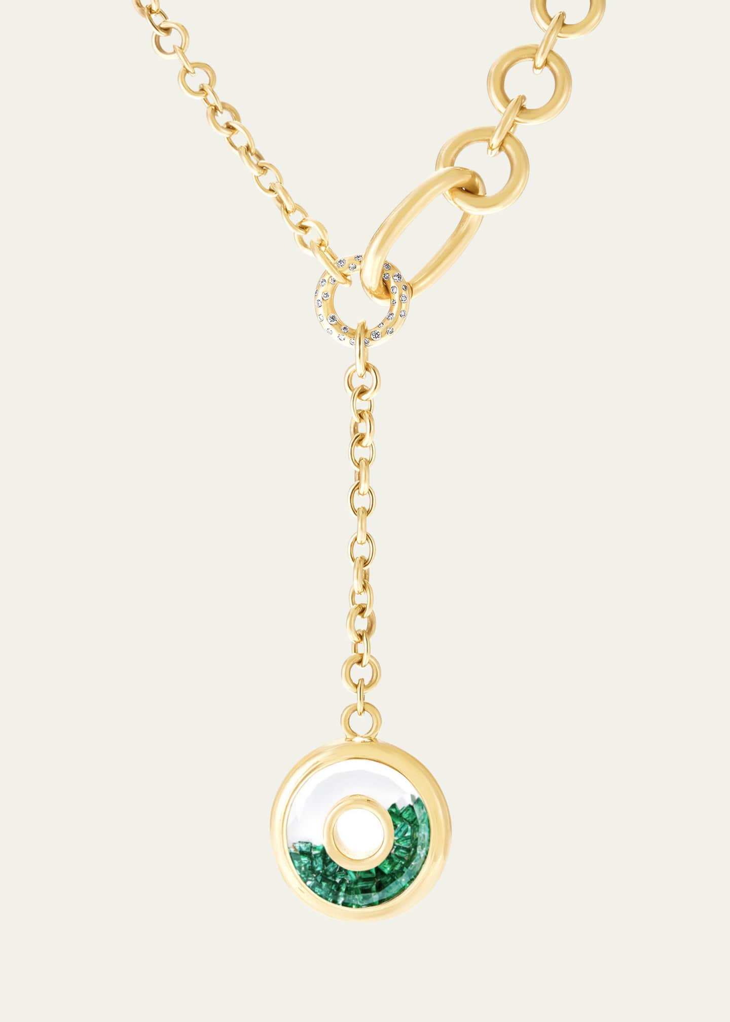 Moritz Glik 18K Yellow Gold Roda Lariat Necklace with Emeralds, Diamonds and Kaleidoscope Shaker ...