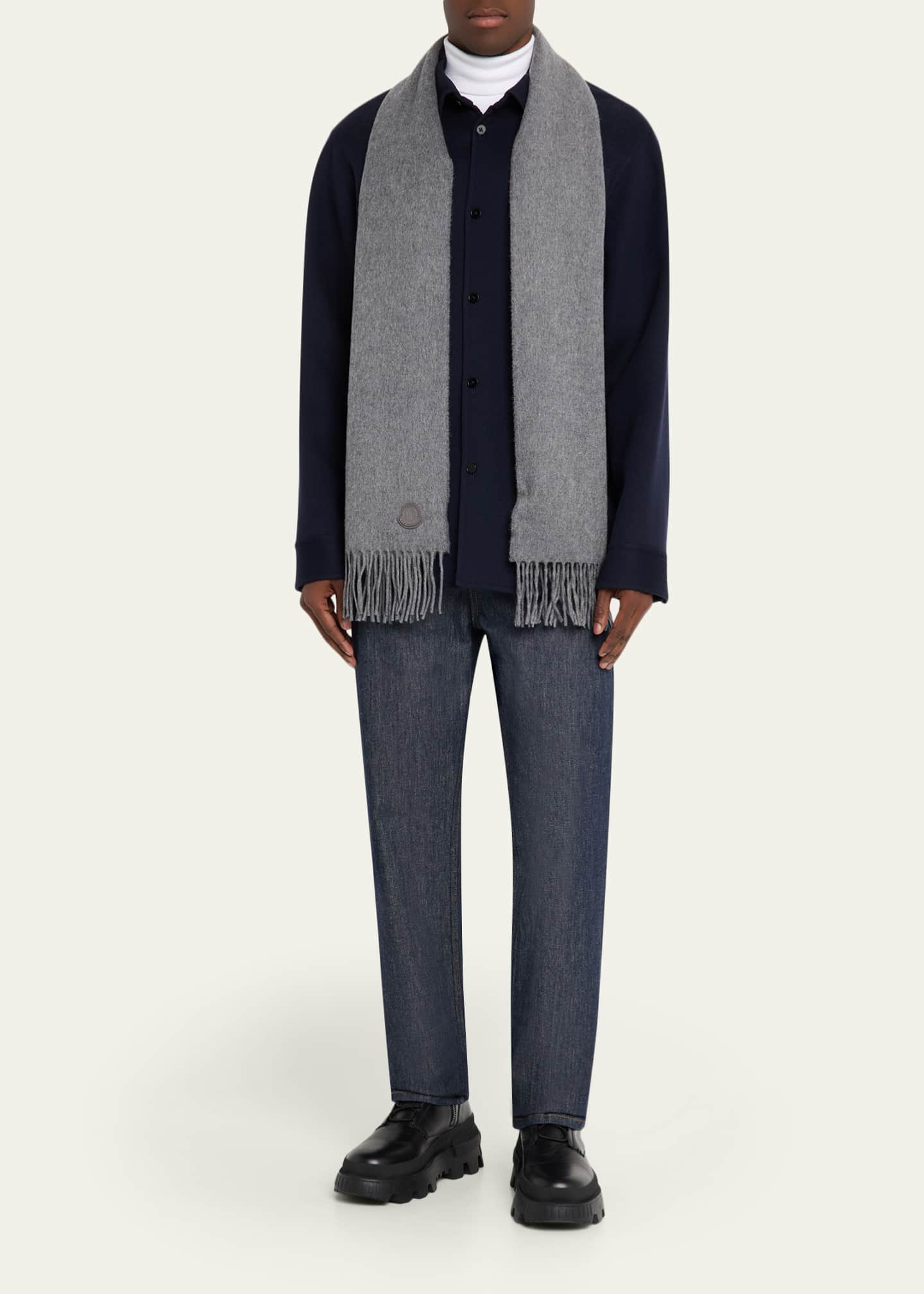 Moncler Men's Fringed Cashmere Scarf with Leather Logo - Bergdorf Goodman