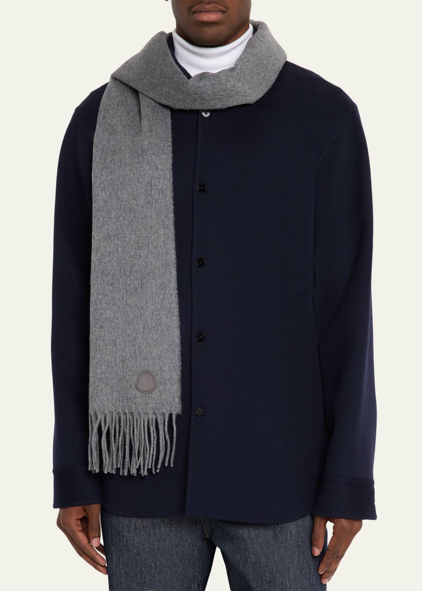 Moncler Men's Fringed Cashmere Scarf with Leather Logo - Bergdorf Goodman