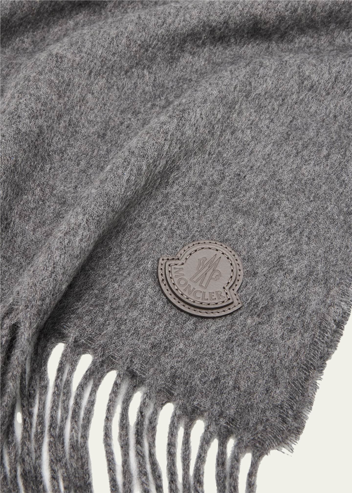 Moncler Men's Fringed Cashmere Scarf with Leather Logo - Bergdorf Goodman