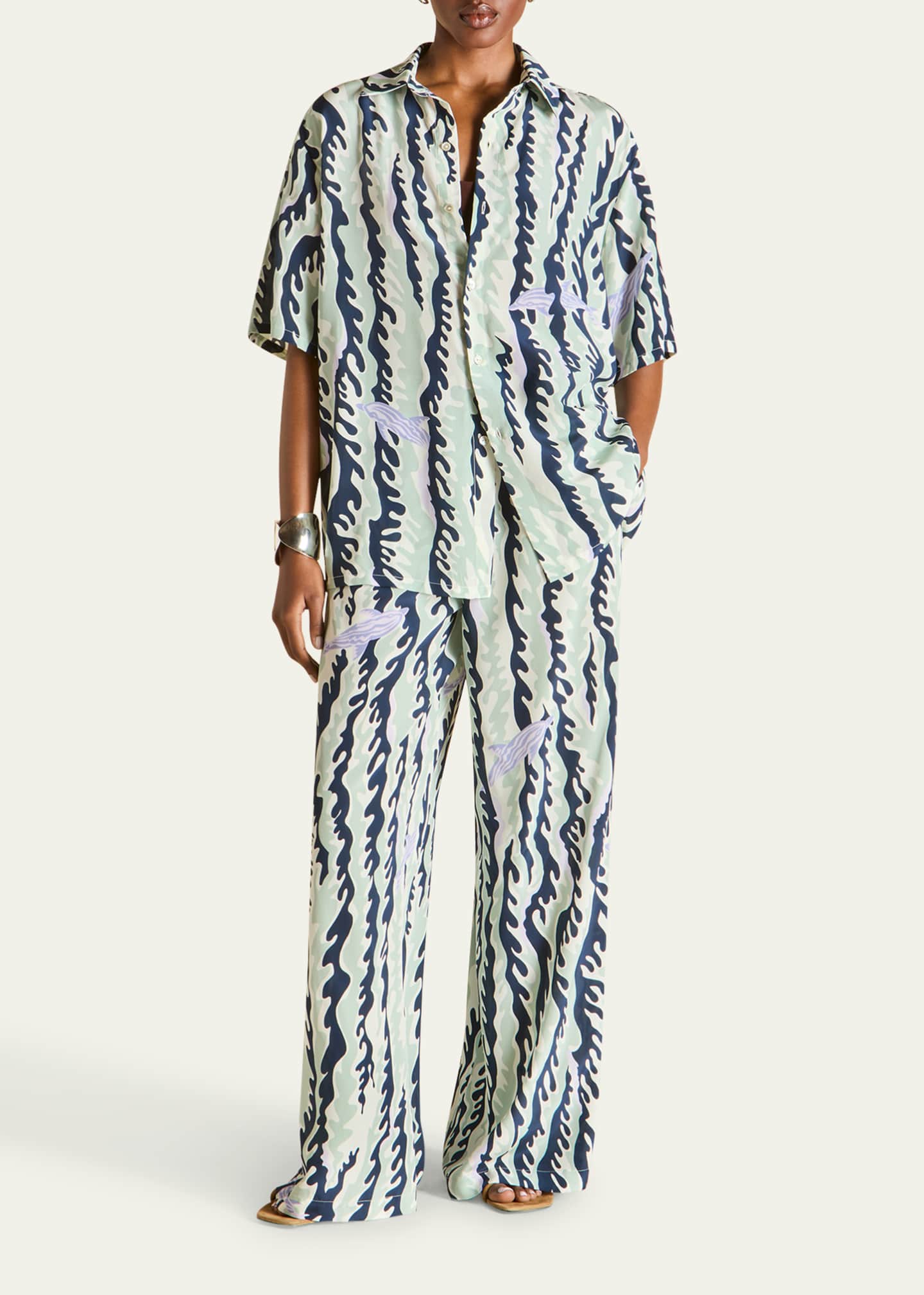 Olivia von Halle Alabama Marina Dolphin-Print Silk Pajama Set ...