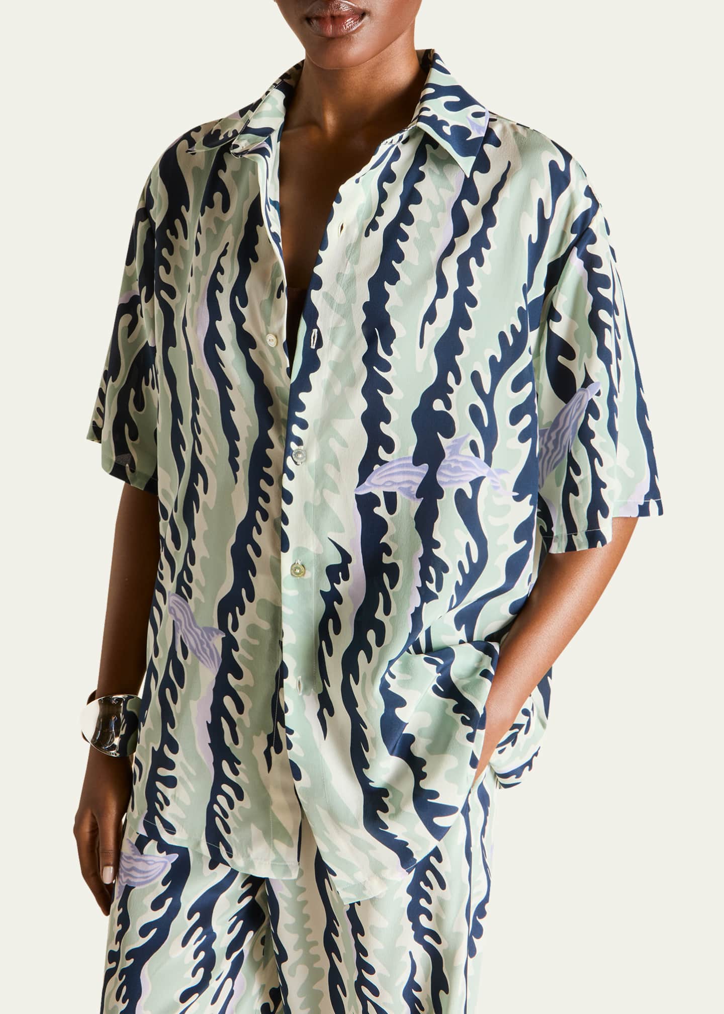 Olivia von Halle Alabama Marina Dolphin-Print Silk Pajama Set ...