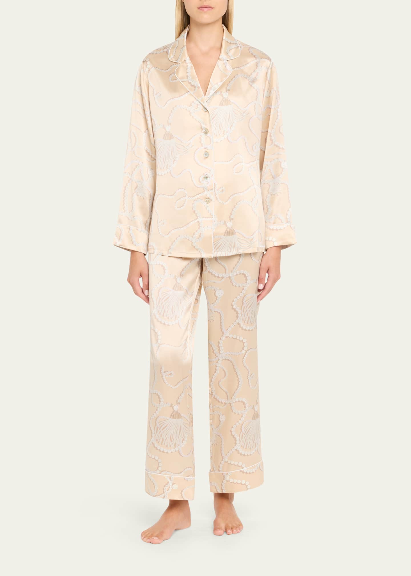 Olivia von Halle Lila Pearl-Print Silk Satin Pajama Set - Bergdorf Goodman
