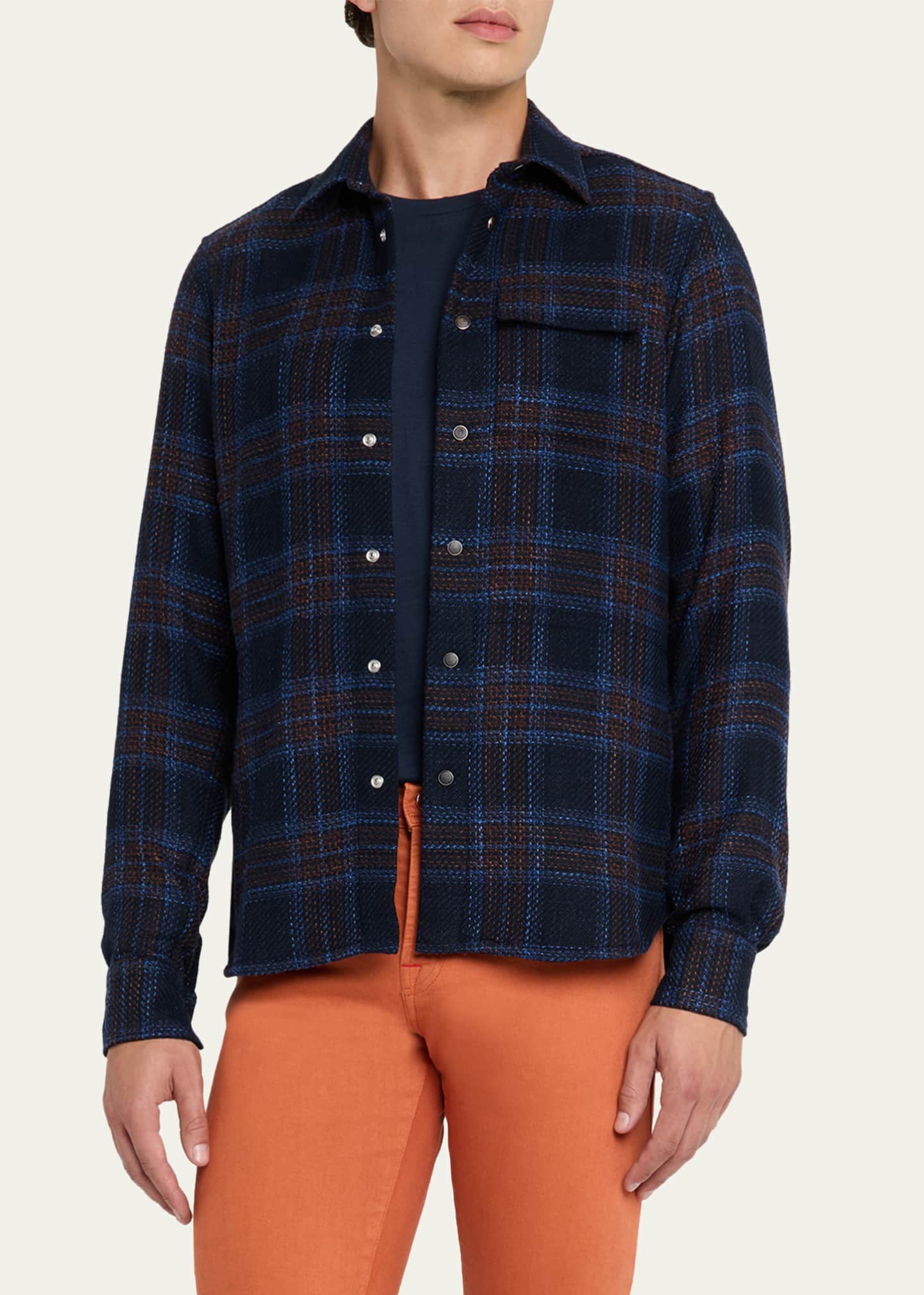 Kiton Men's Wool-Blend Plaid Snap-Front Overshirt - Bergdorf Goodman