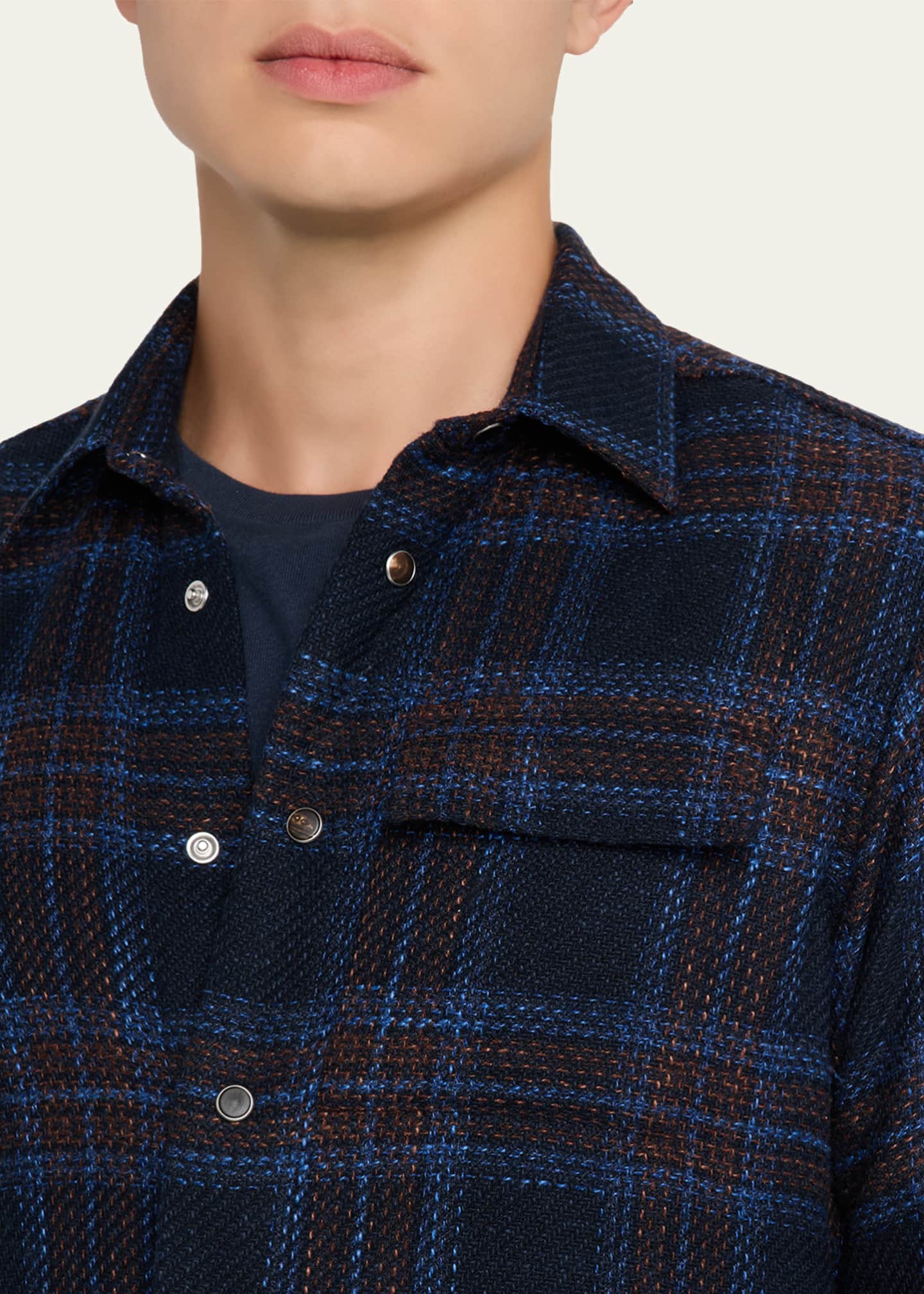 Kiton Men's Wool-Blend Plaid Snap-Front Overshirt - Bergdorf Goodman