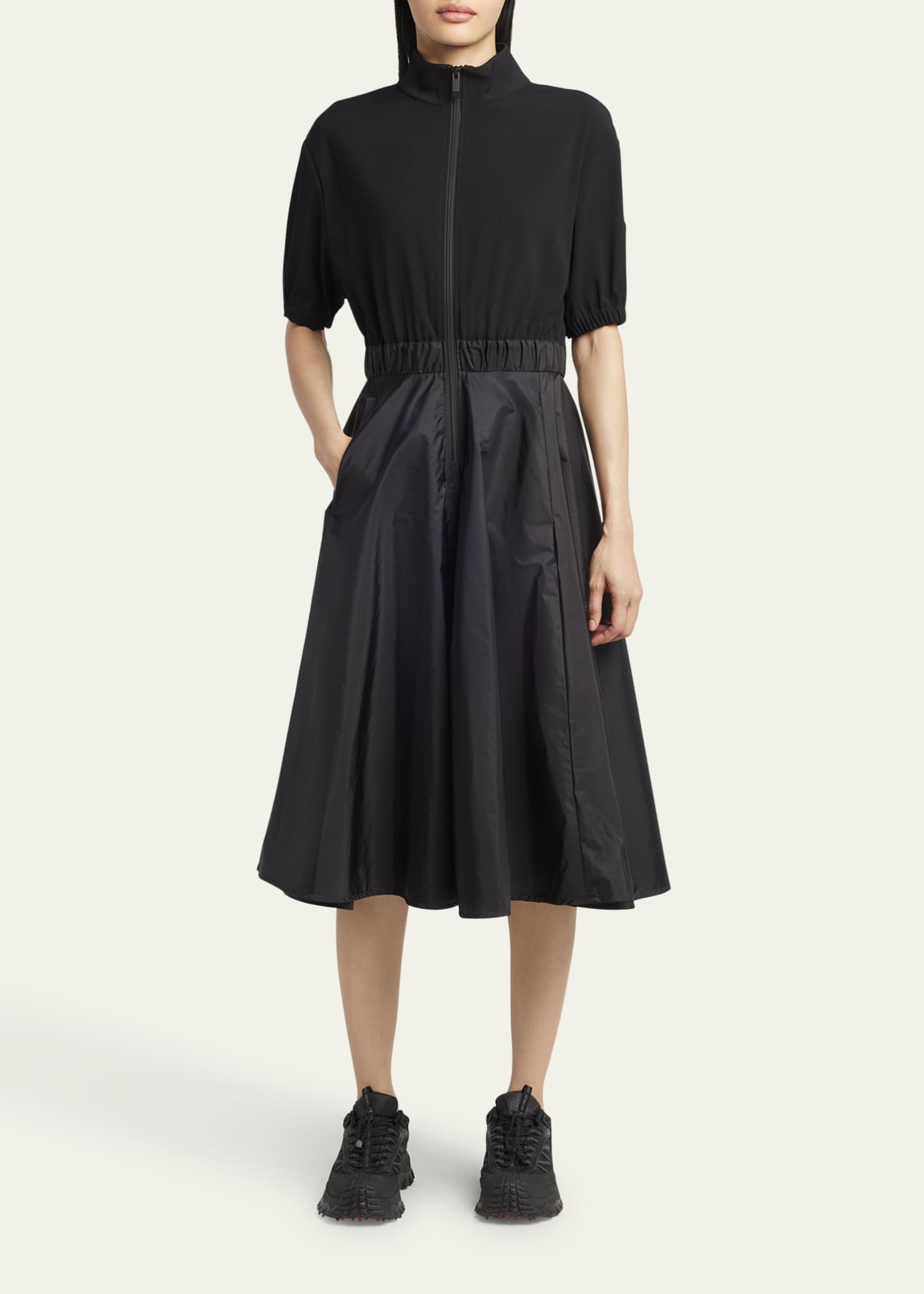 Moncler Short-Sleeve Zip Mixed-Media Dress - Bergdorf Goodman