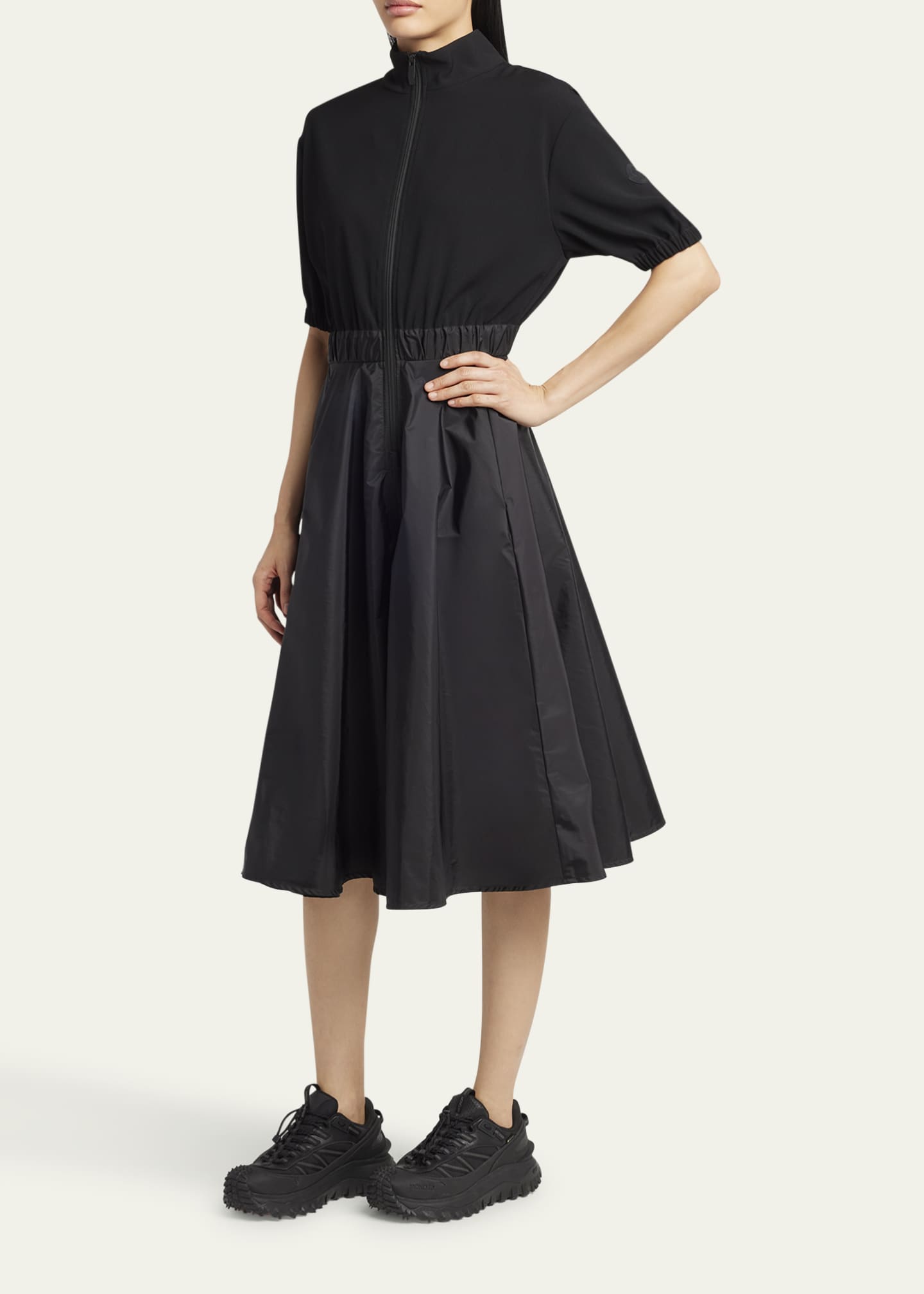 Moncler Short-Sleeve Zip Mixed-Media Dress - Bergdorf Goodman