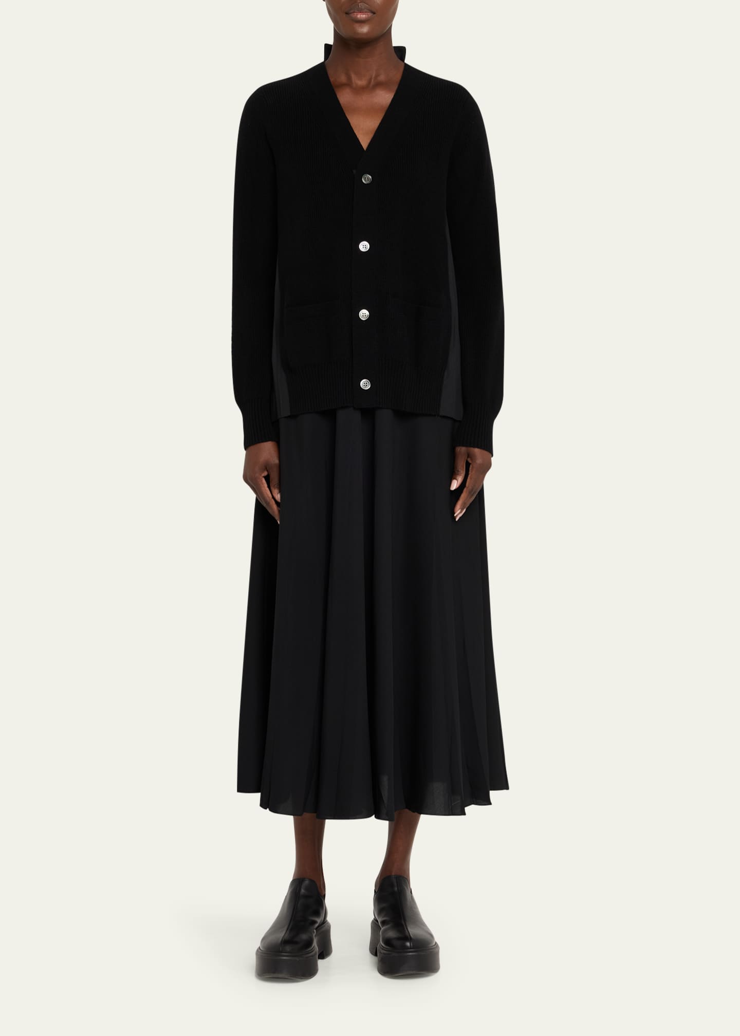 SACAI Pleated-Back Rib-Knit Cardigan - Bergdorf Goodman