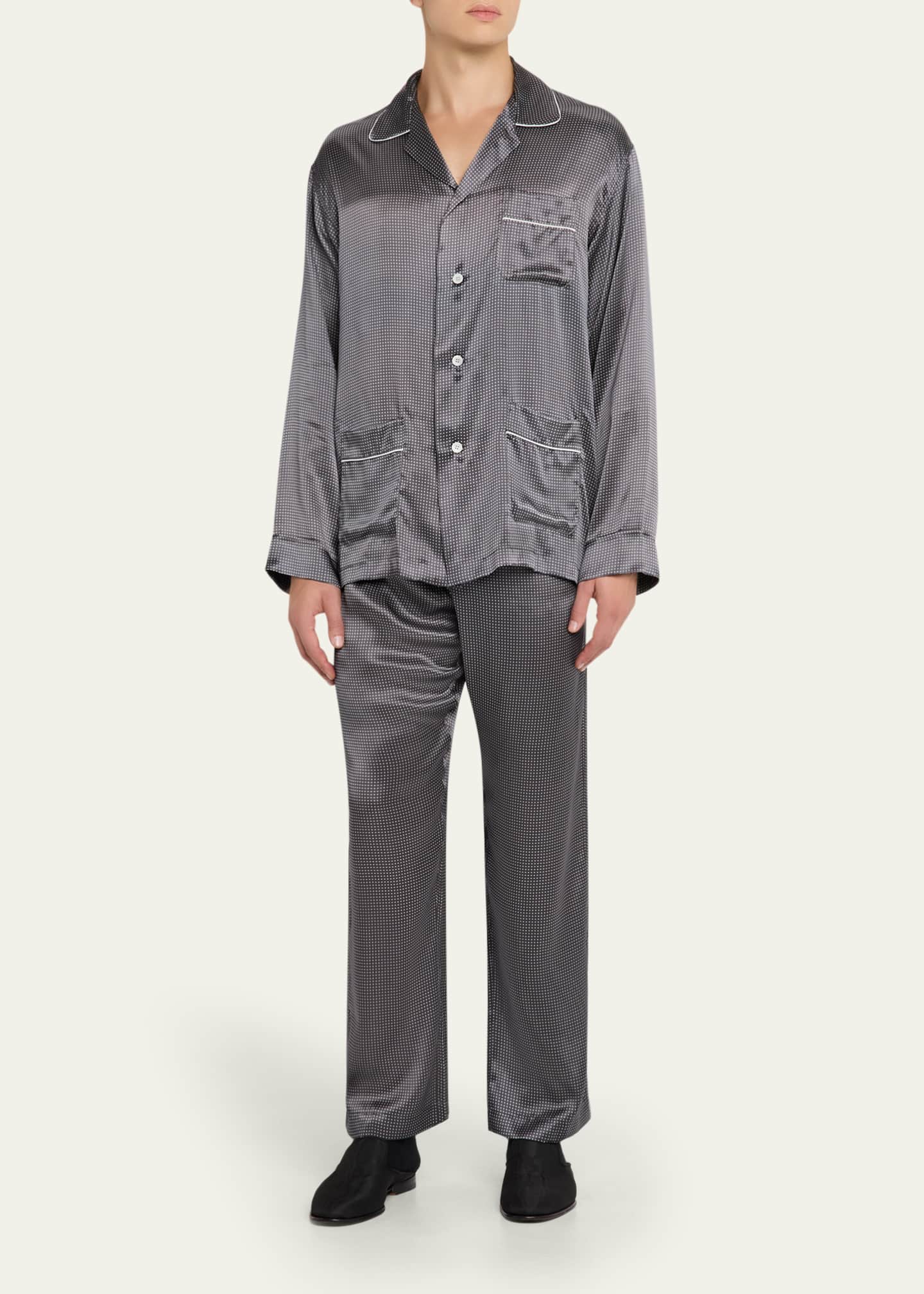 Emanuele Maffeis Men's Silk Micro-Geometric Long Pajama Set with Piping ...