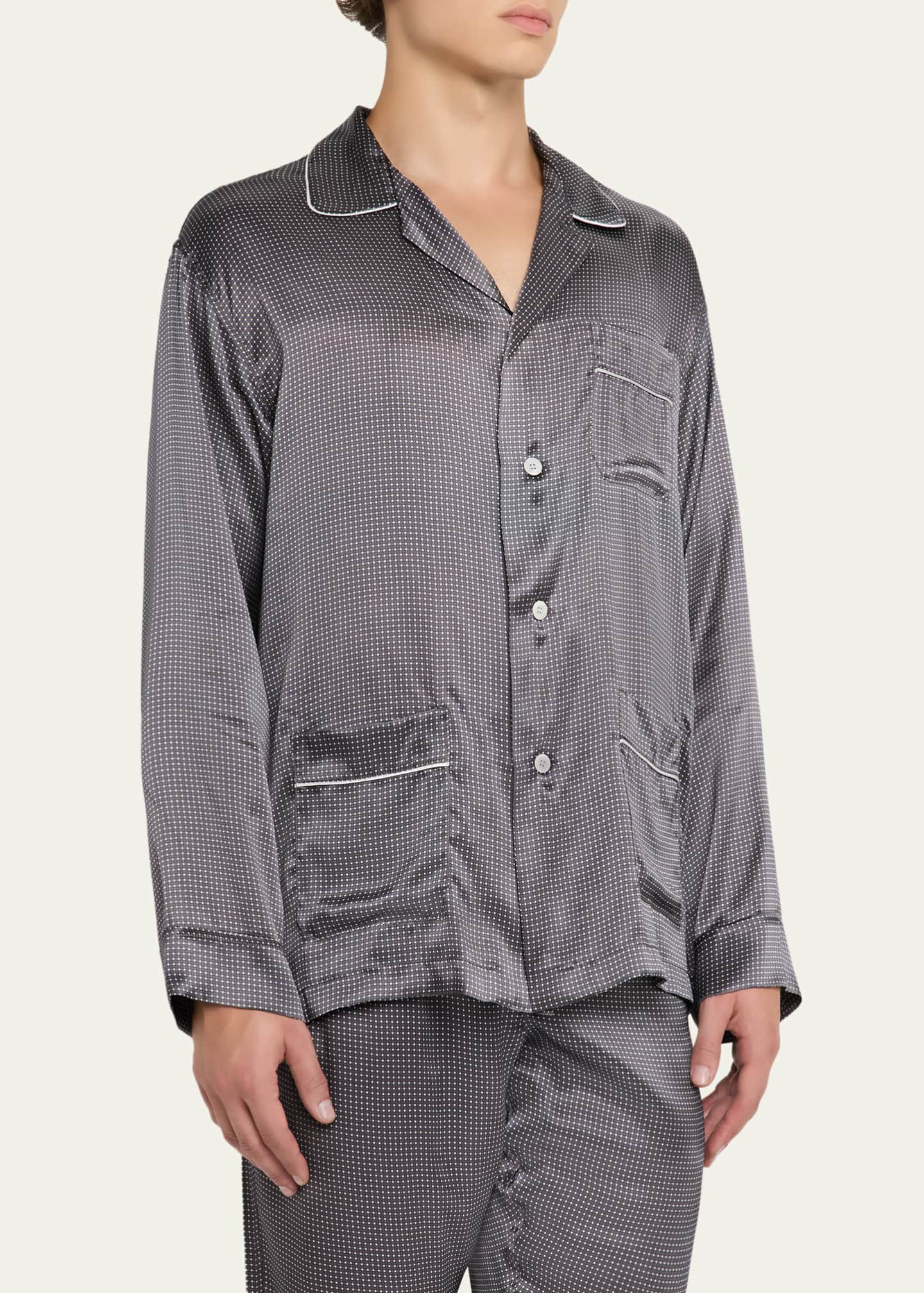 Emanuele Maffeis Men's Silk Micro-Geometric Long Pajama Set with Piping ...
