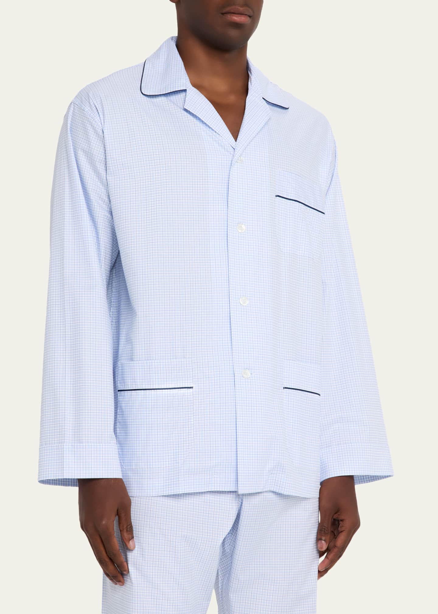 Emanuele Maffeis Men's Cotton Micro-Plaid Long Pajama Set with Piping ...