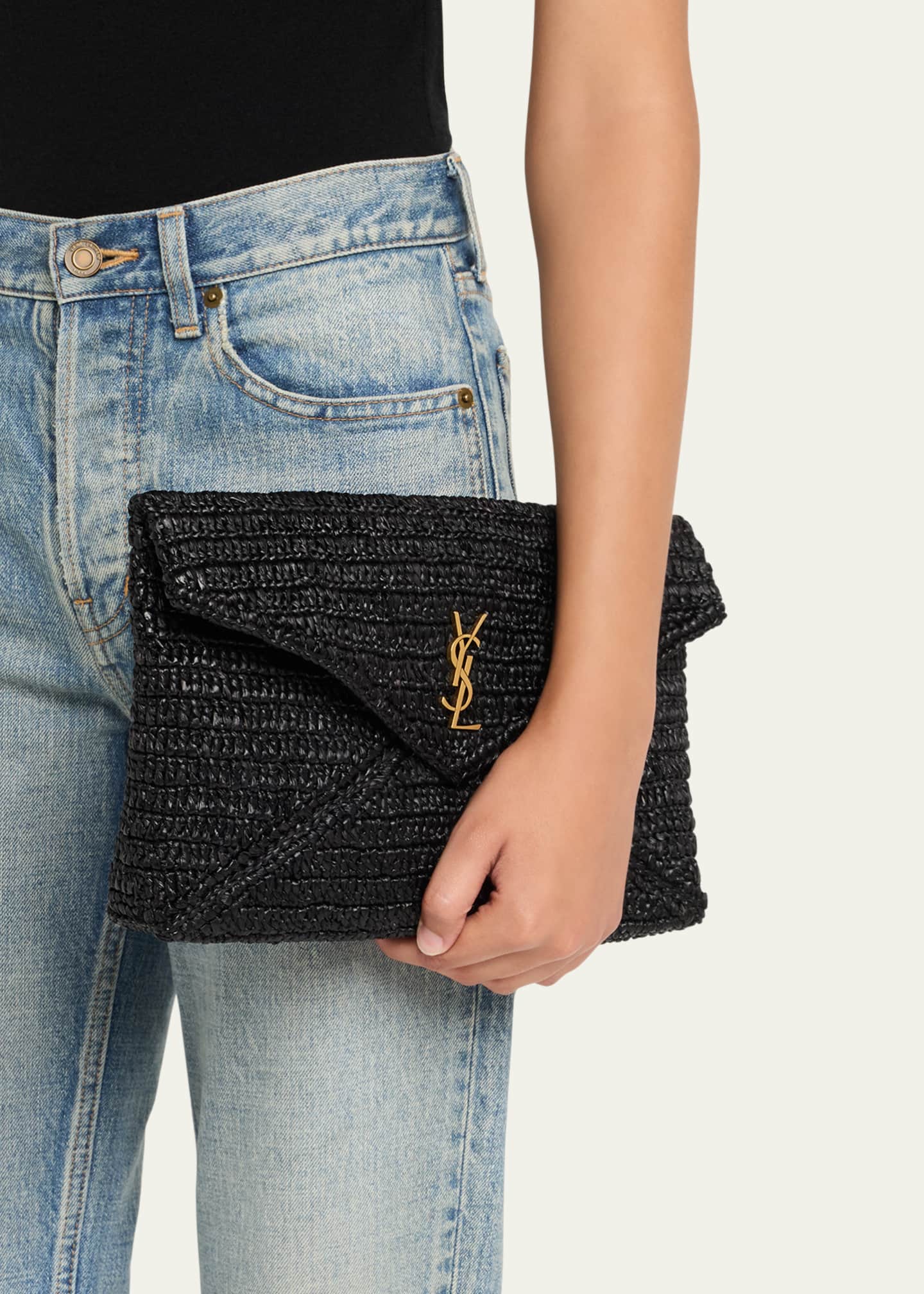 Saint Laurent Large Envelope Flap YSL Clutch Bag in Raffia - Bergdorf ...