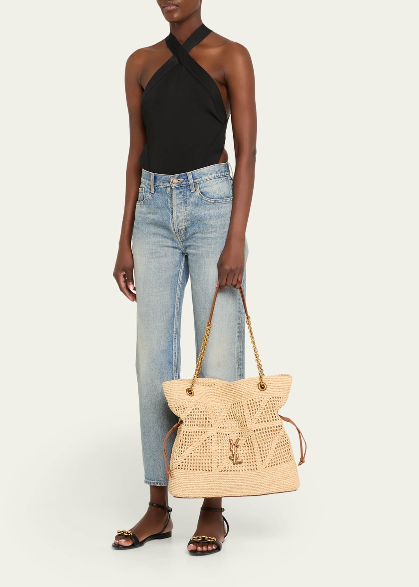 Saint Laurent Jamie YSL Shopper Tote Bag in Woven Raffia - Bergdorf Goodman