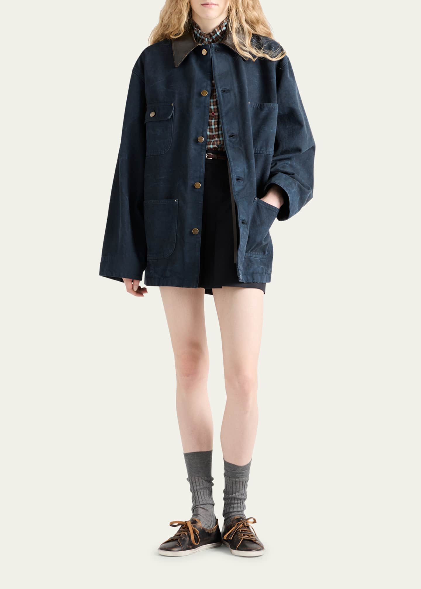 Prada Leather-Collar Canvas Utility Jacket - Bergdorf Goodman
