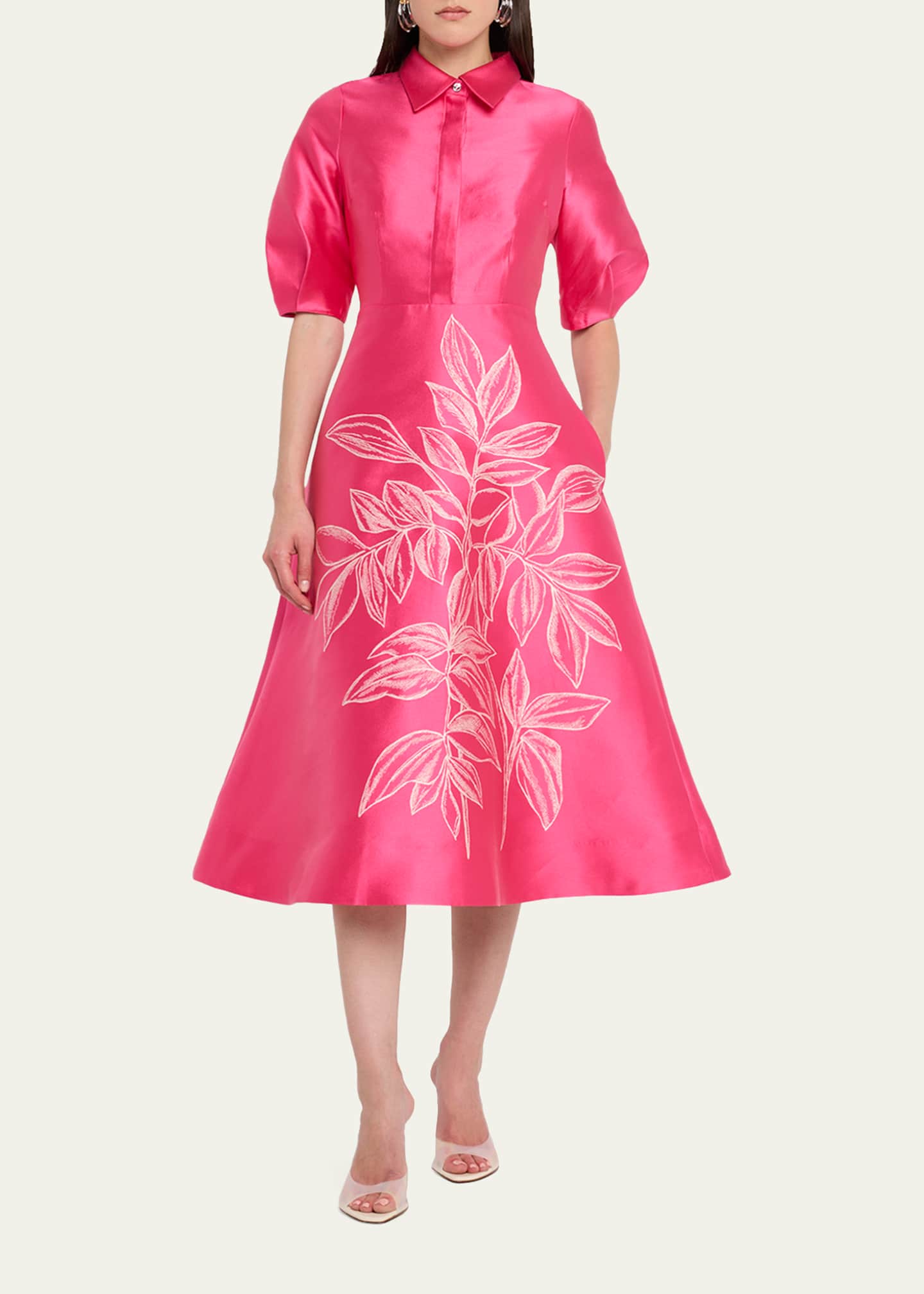 Rickie Freeman for Teri Jon Puff-Sleeve Gazar Midi Shirtdress ...