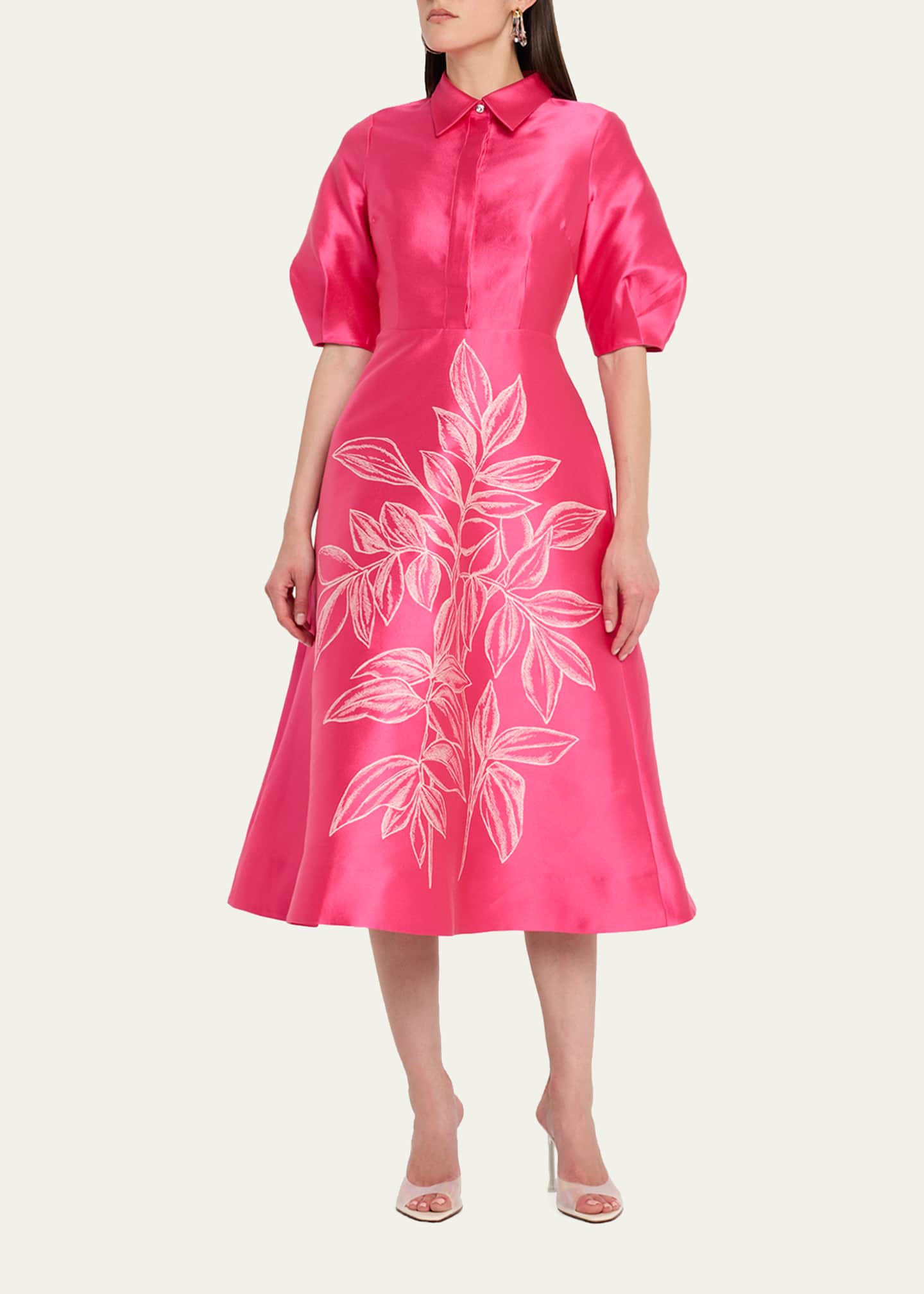 Rickie Freeman for Teri Jon Puff-Sleeve Gazar Midi Shirtdress ...