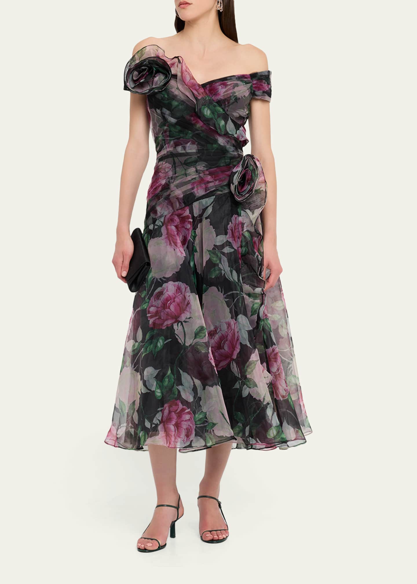 Rickie Freeman for Teri Jon Off-Shoulder Pleated Organza Midi Dress ...