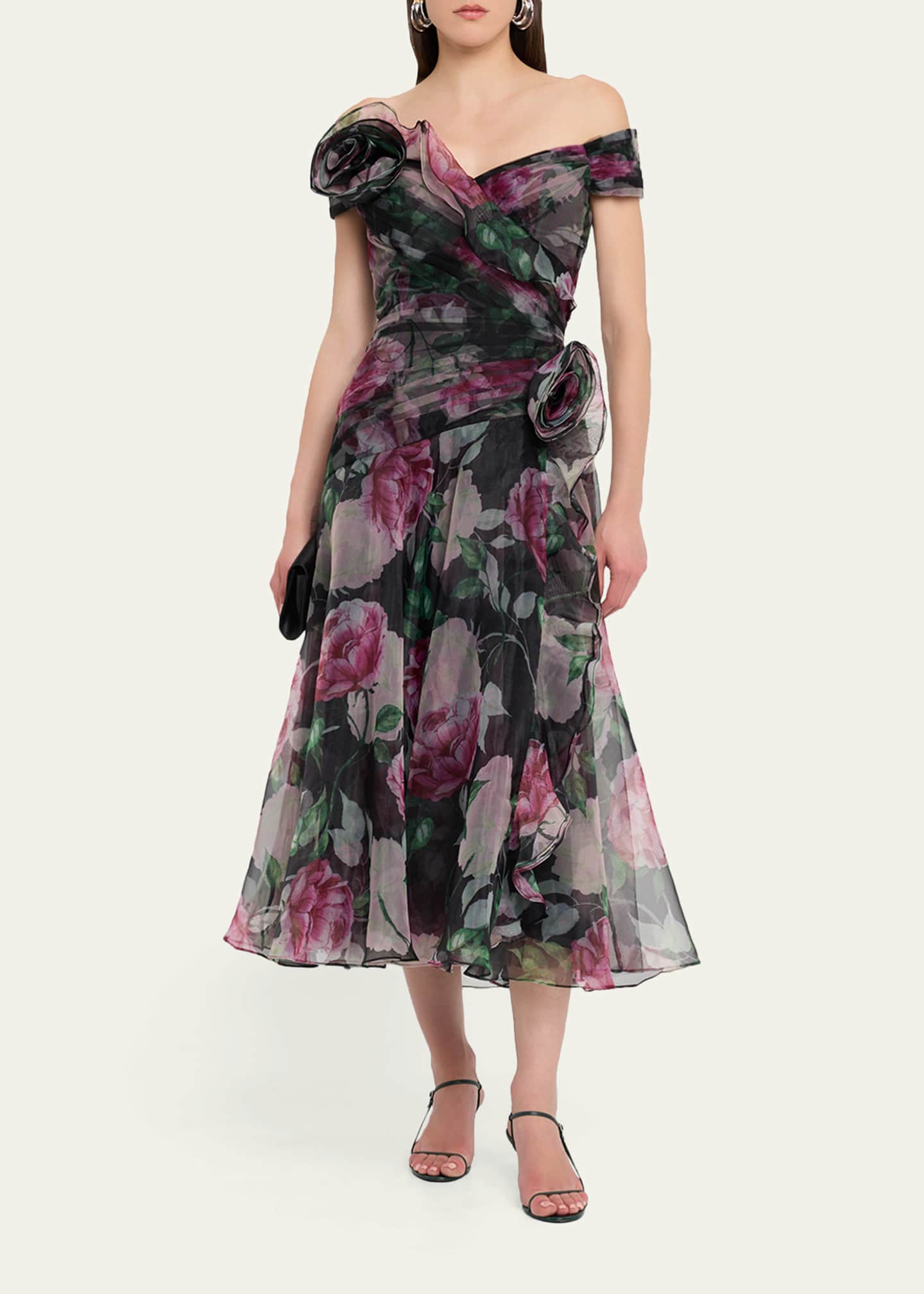 Rickie Freeman for Teri Jon Off-Shoulder Pleated Organza Midi Dress ...