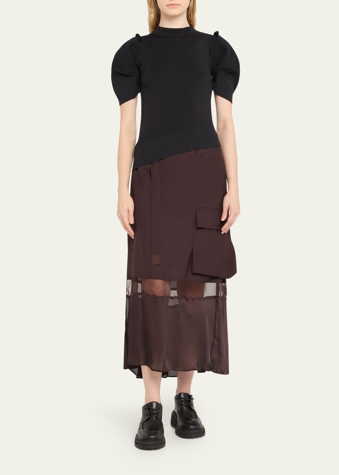 SACAI Belted Sheer-Insert Midi Skirt - Bergdorf Goodman