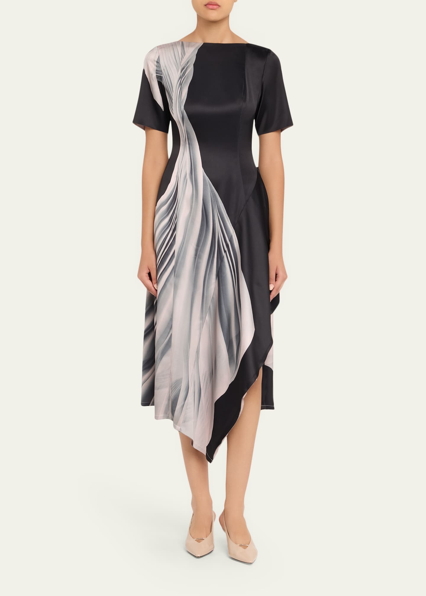 Jason Wu Collection Dancing Pleat Short-Sleeve Asymmetric Midi Dress ...
