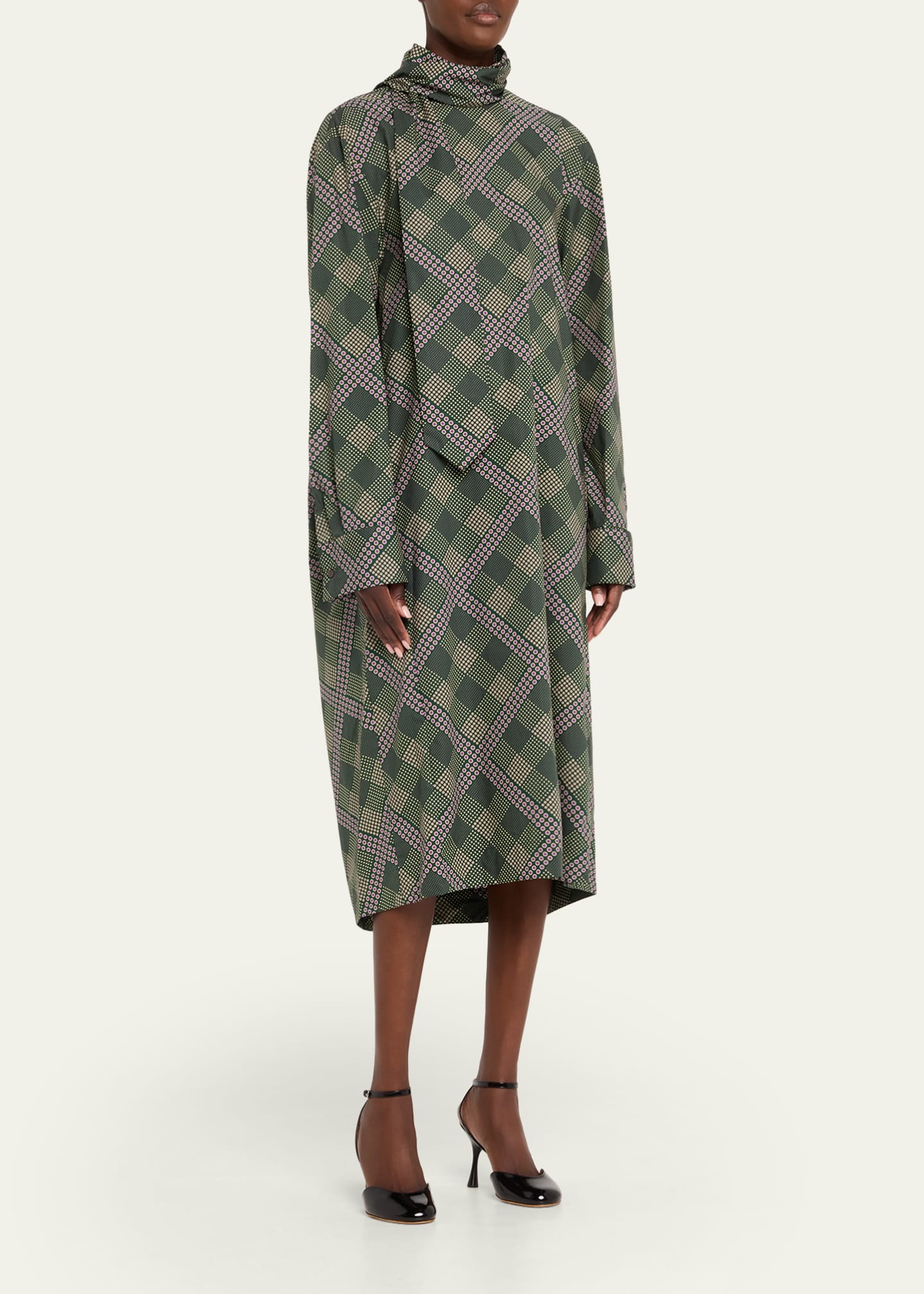 Dries Van Noten Doddy Scarf-Neck Check-Print Midi Dress - Bergdorf Goodman