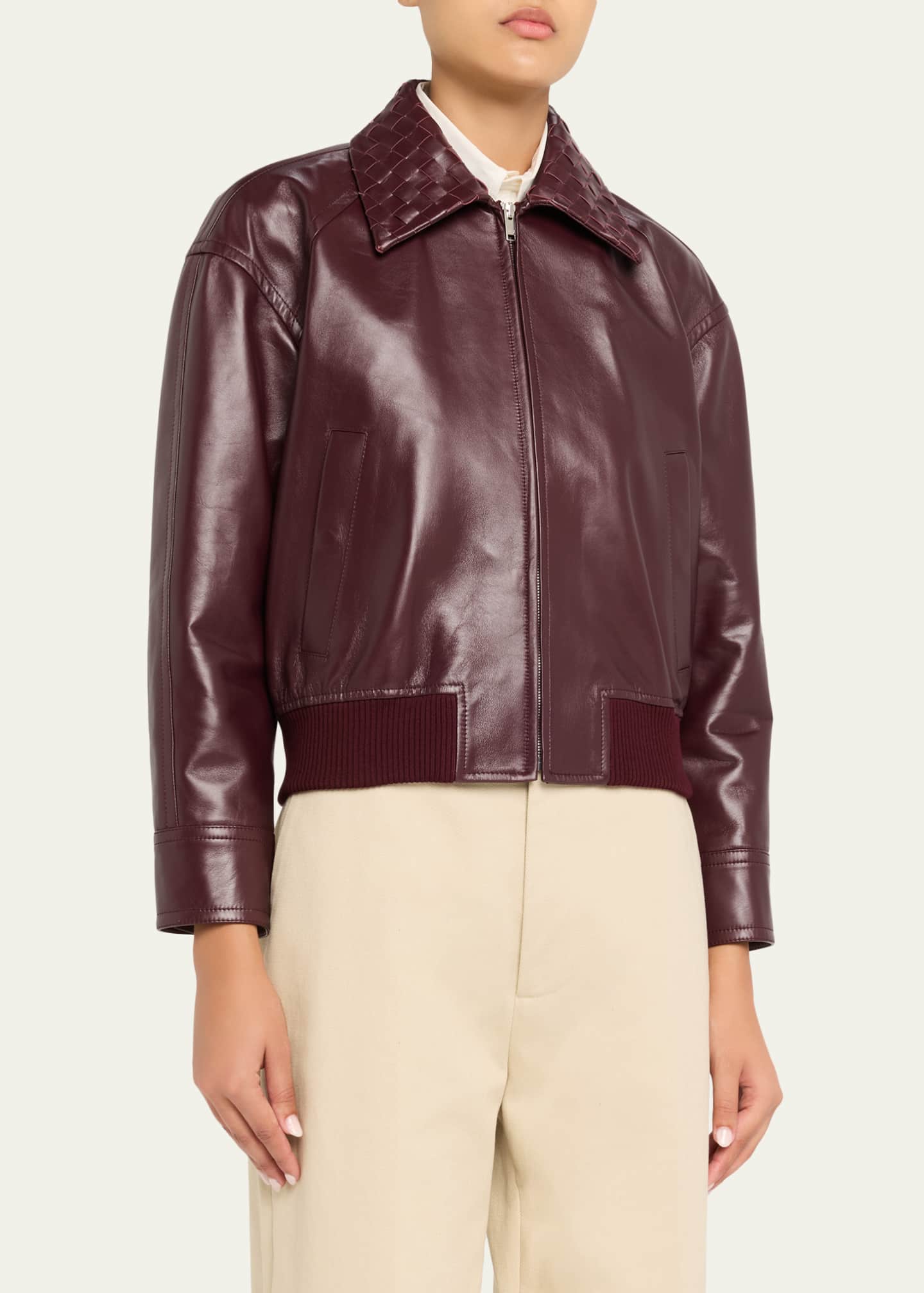 Bottega Veneta Intrecciato Collar Leather Bomber Jacket - Bergdorf Goodman